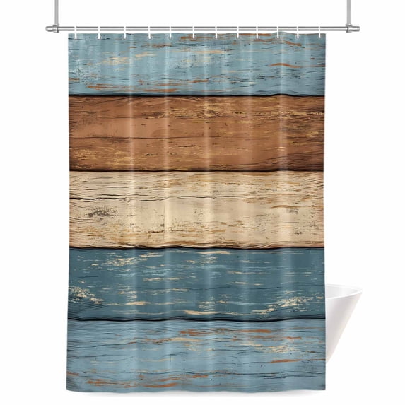 Brown Blue Wood Grain Shower Curtains for Bathroom, Vintage Striped ...