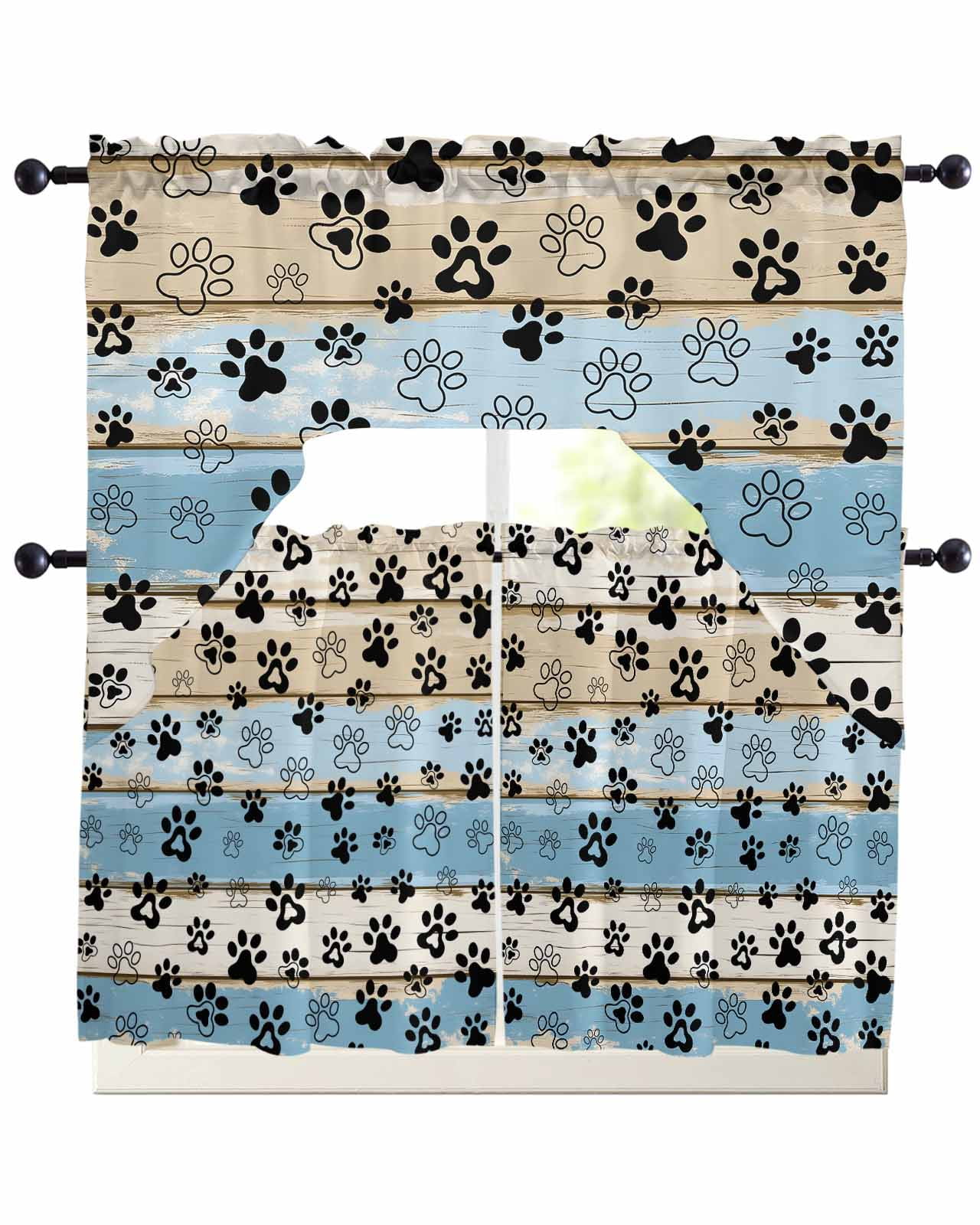 Brown Blue Wood Grain Swag Valance and Tier Curtains Set Dog Cat Paw ...
