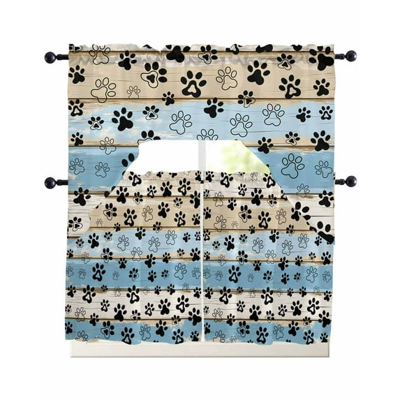 Brown Blue Wood Grain Swag Valance and Tier Curtains Set Dog Cat Paw ...