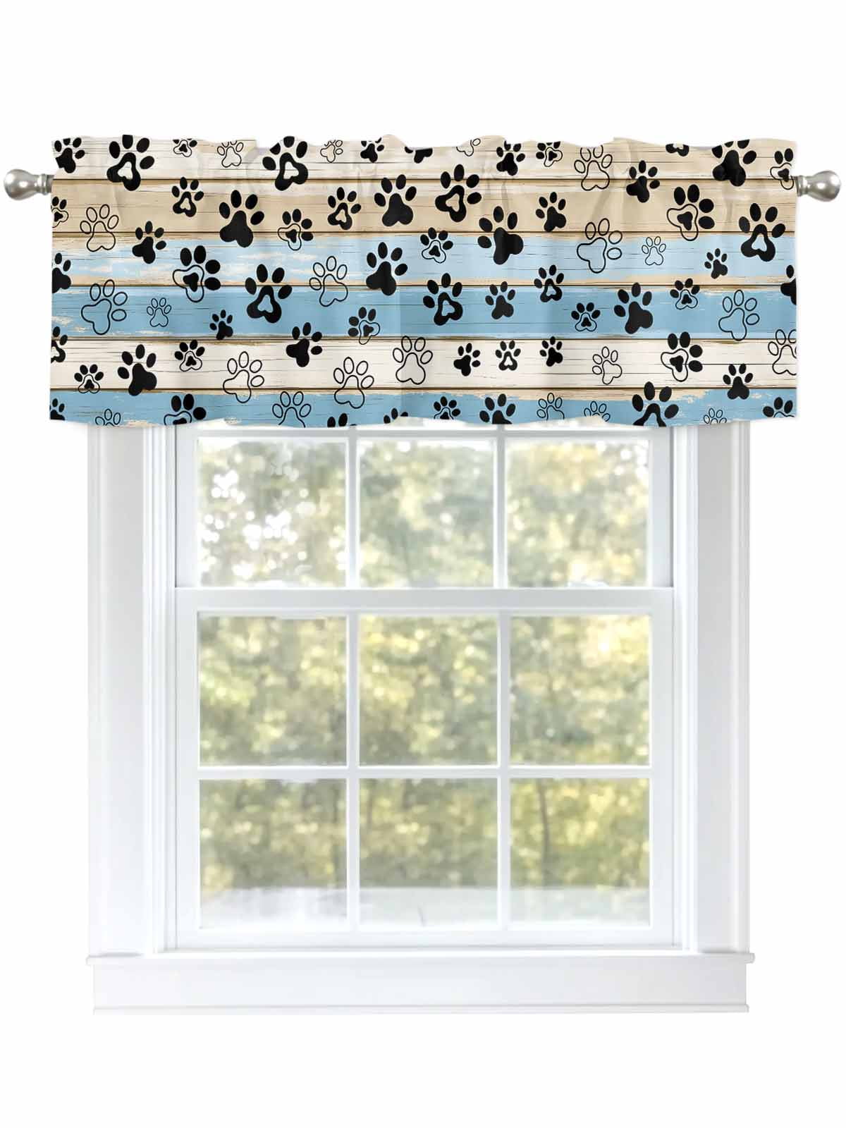 Brown Blue Wood Grain Valances for Windows Dog Cat Paw Cute Animal Paw ...
