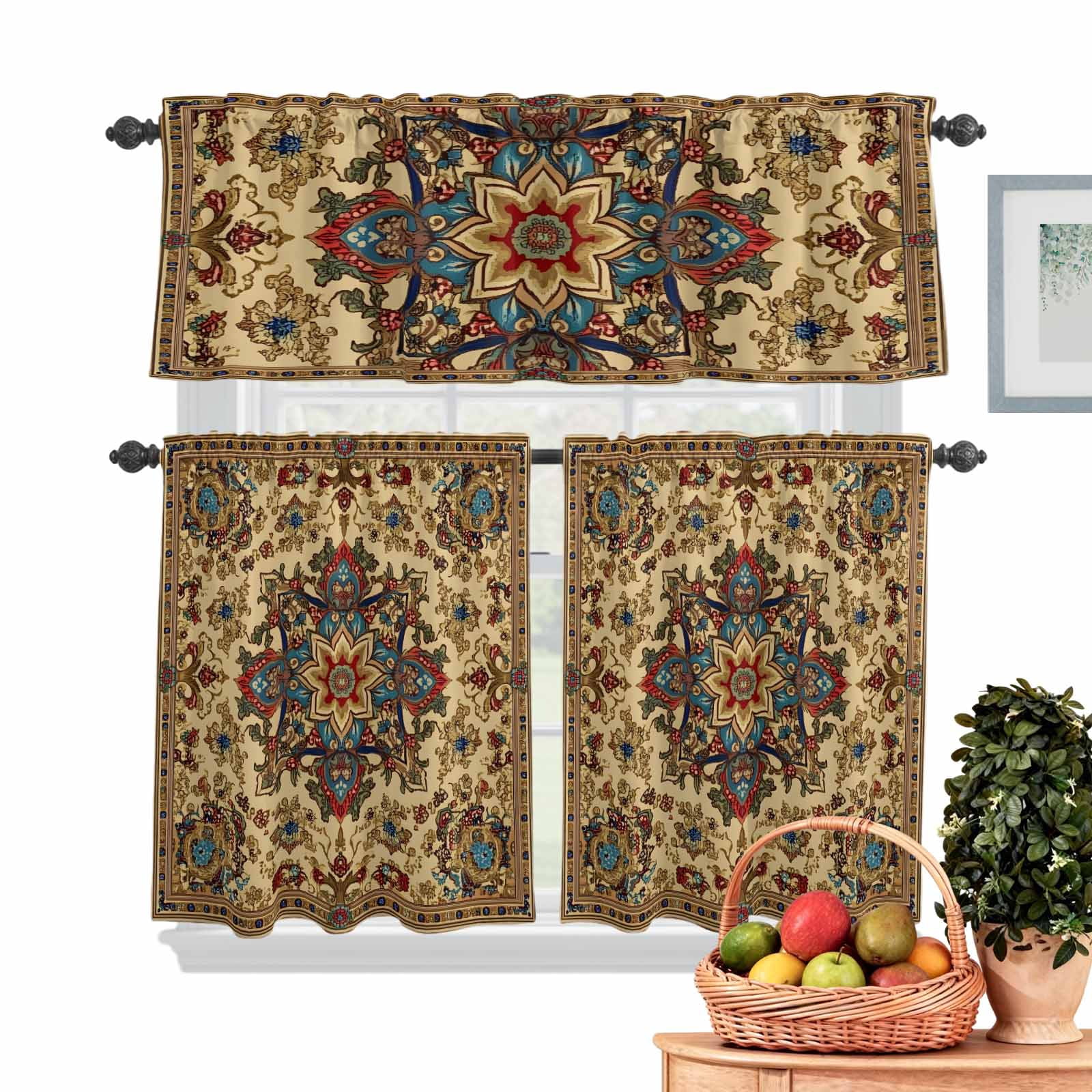 Brown Bohemia Floral Kitchen Curtains Valances 3 Piece Set, Vintage ...