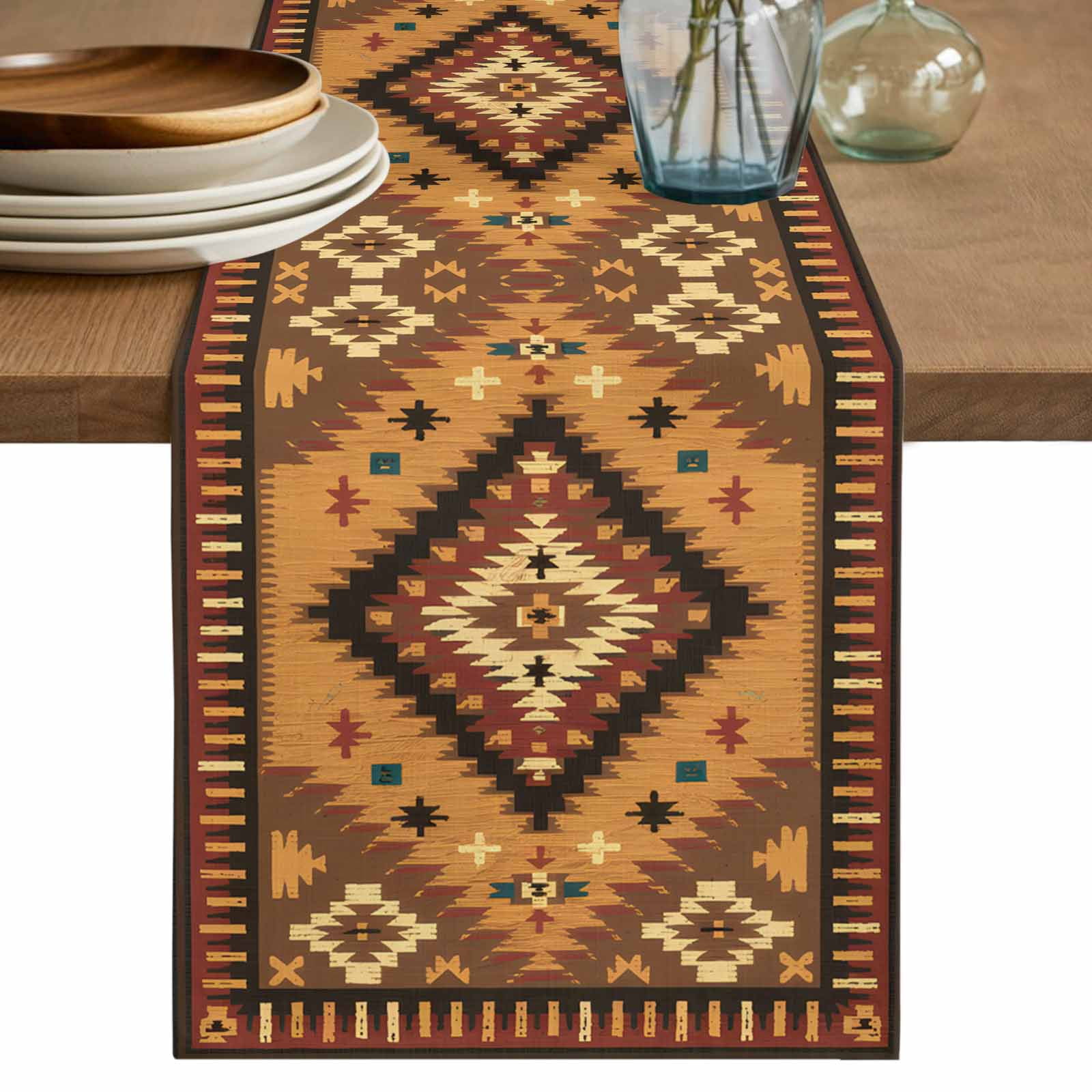 Brown Bohemia Turkish Pattern Table Runner, Retro Ethnic Style Cotton ...
