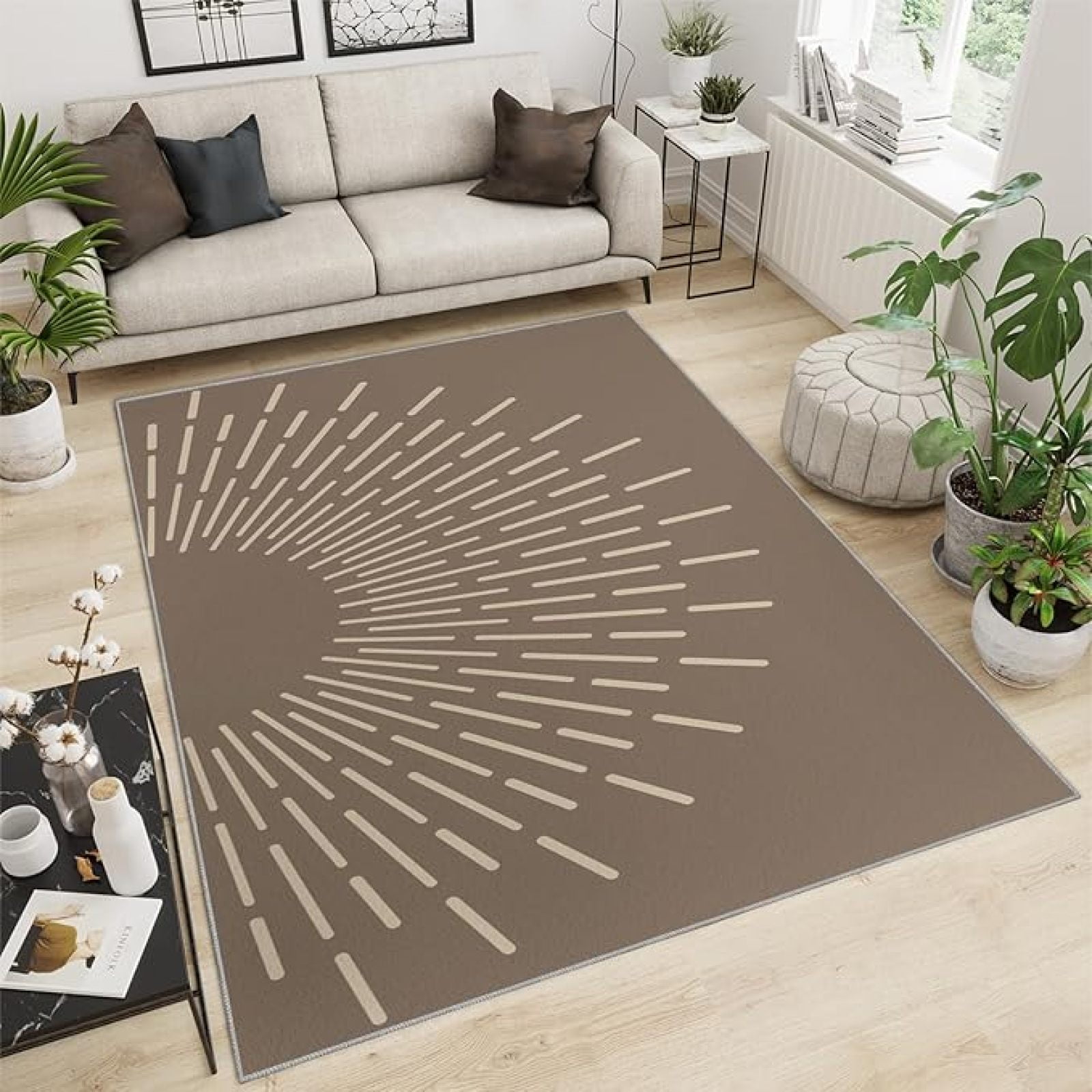 Brown Bohemian Area Rug, Medieval Sunshine Stripes Machine Washable ...