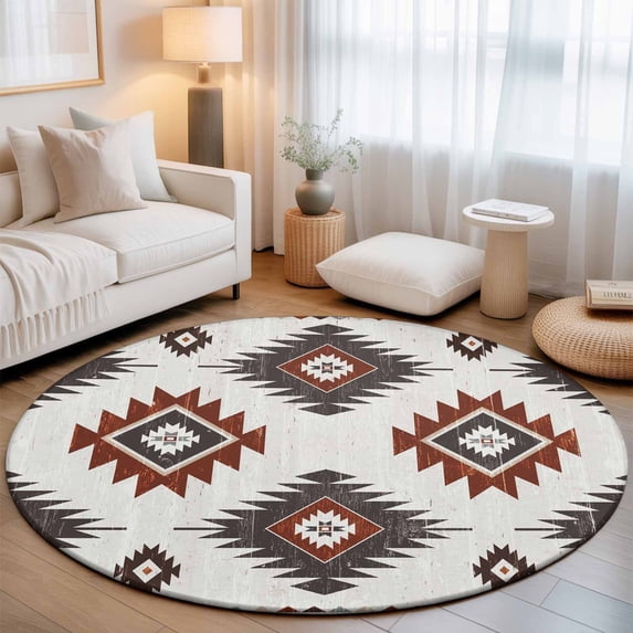 Brown Bohemian Aztec Geometric Round Rug 5ft Southwest Abstract Pattern ...