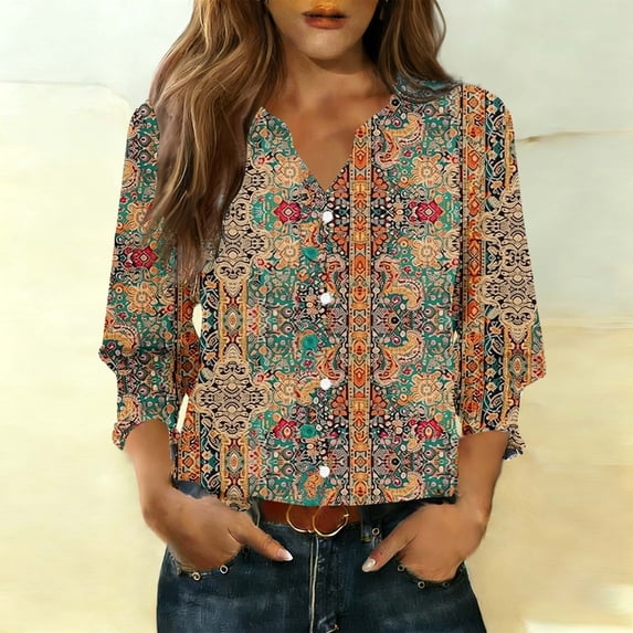 Brown Bohemian Blouse for Women V Neck 3/4 Puff Sleeve Printed Loose ...