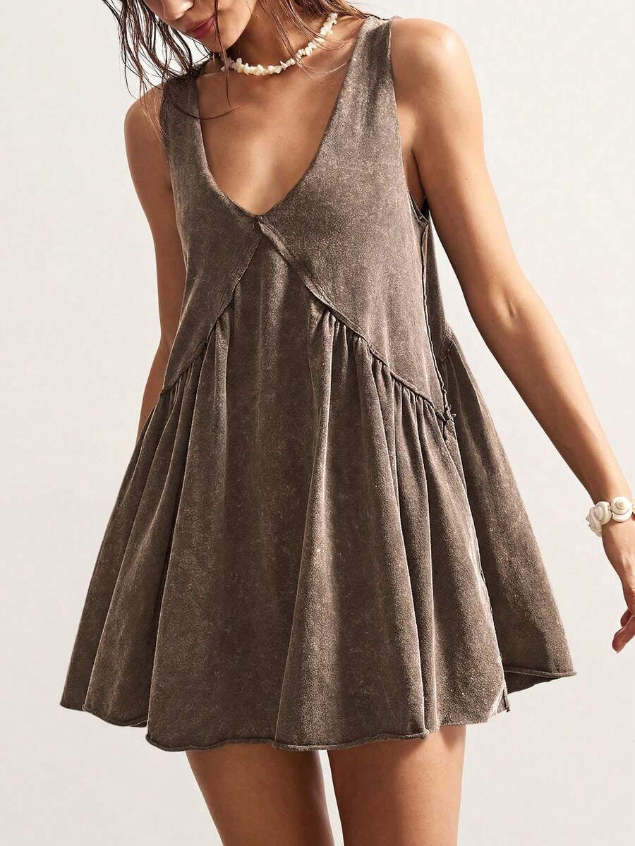 Brown Bohemian V-Neck Loose Knit Mini Dress For Women, Casual Summer A ...