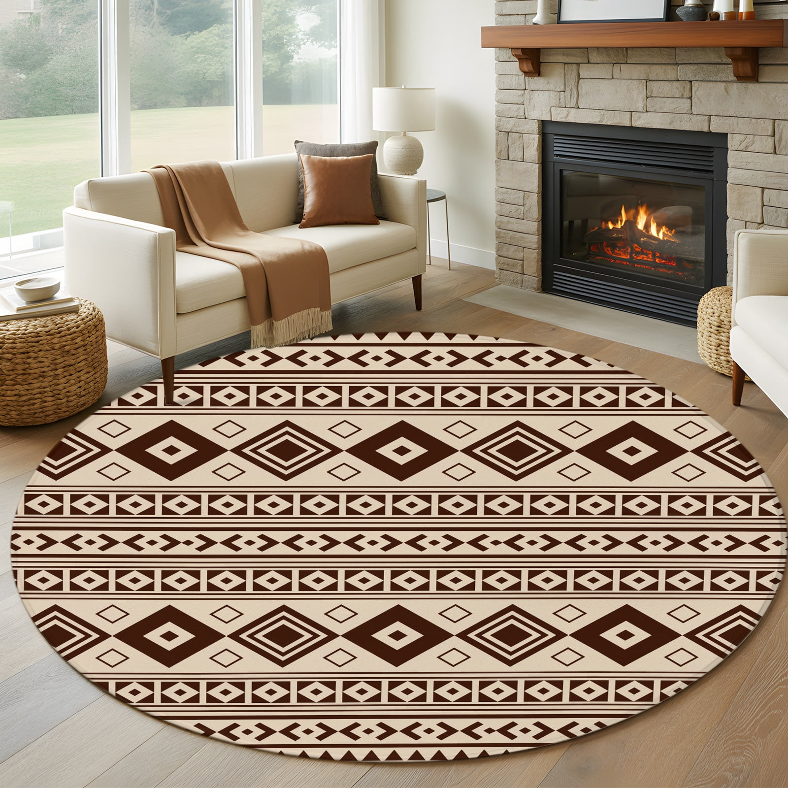 Brown Boho 8FT Round Area Rugs for Living Room Moroccan Geometric ...