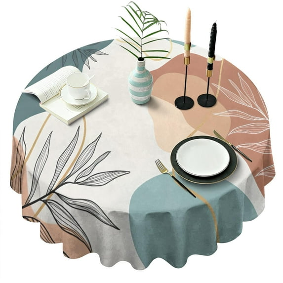 Brown Boho Abstract and Plant Pattern Round Tablecloth 60"x60",Wrinkle ...