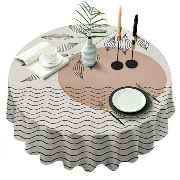 Brown Boho Abstract and Plant Pattern Round Tablecloth 60"x60",Wrinkle ...