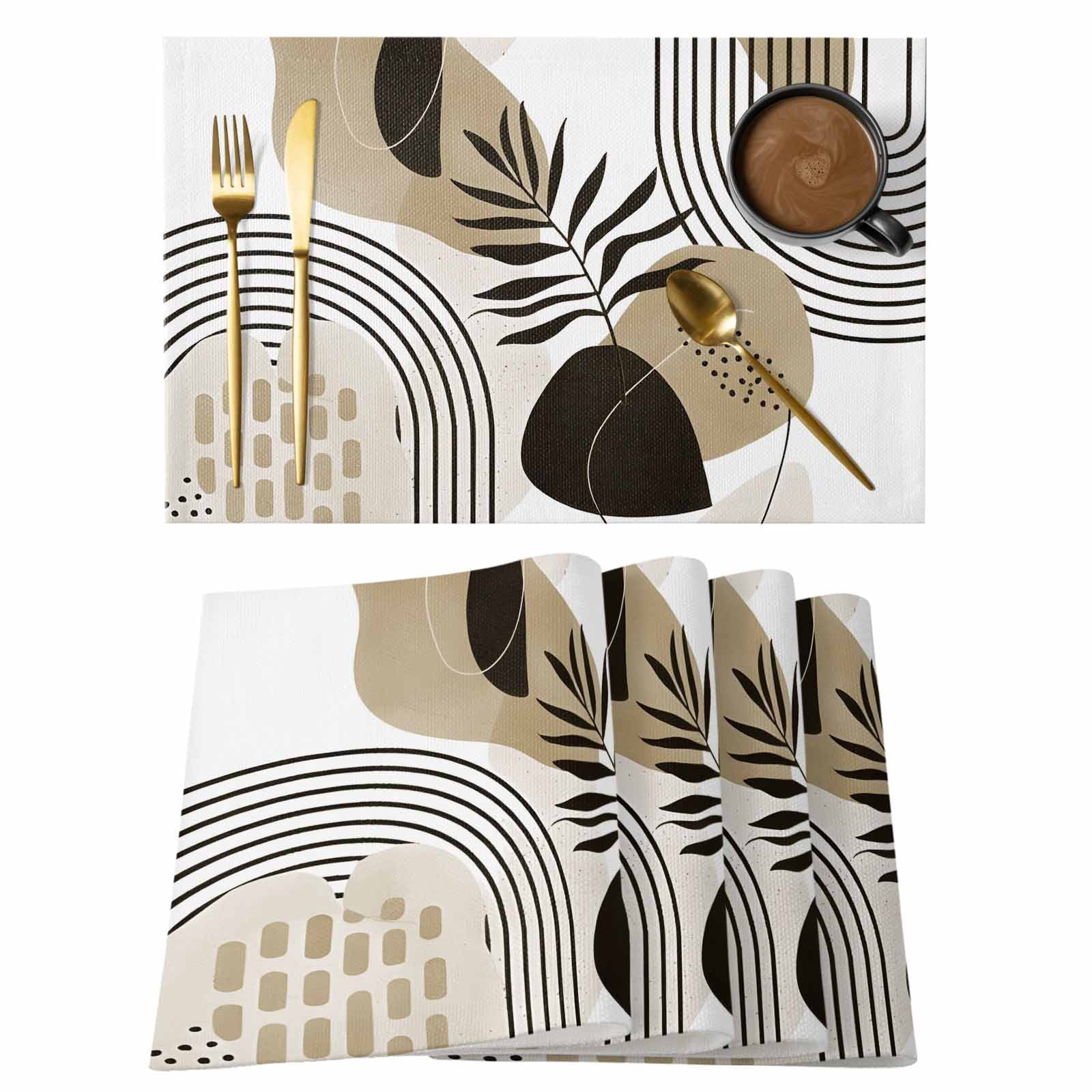 Brown Boho Cotton Linen Placemats Set of 2, Medieval Leaves Geometric ...