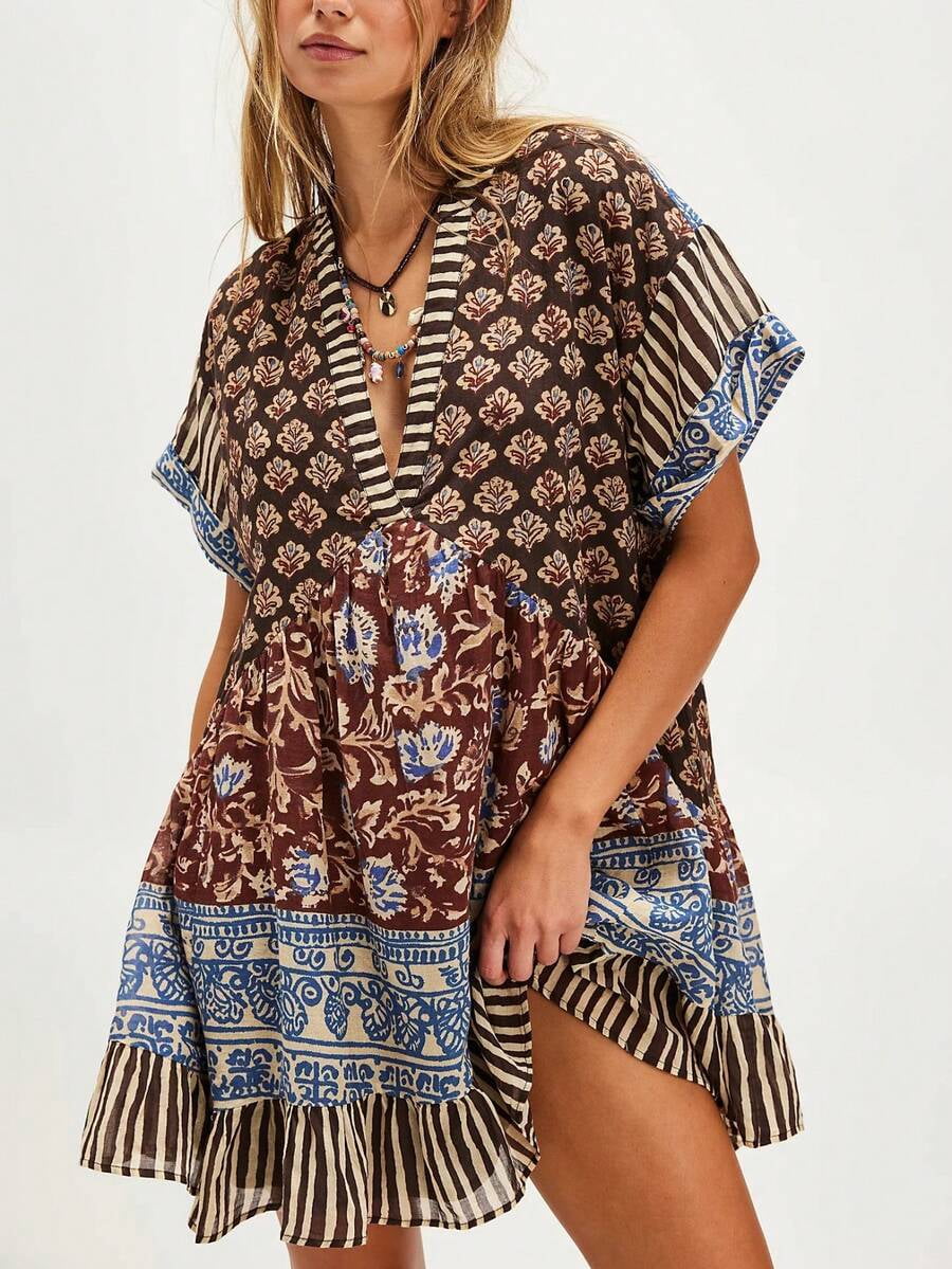 Brown Boho Floral Patchwork Babydoll Mini Dress Deep V-Neck Puff Sleeve ...