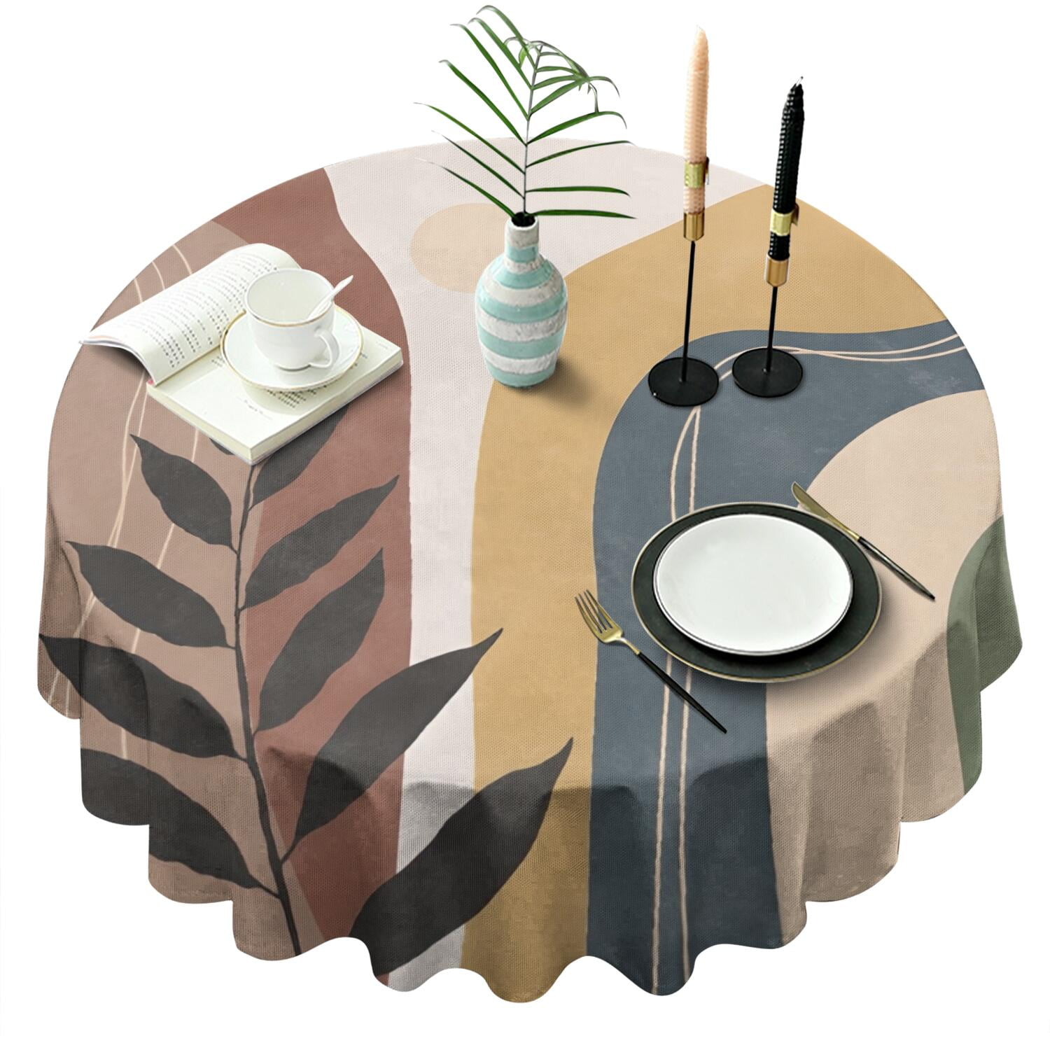 Brown Boho Geometric and Plant Pattern Round Tablecloth 60"x60",Wrinkle ...