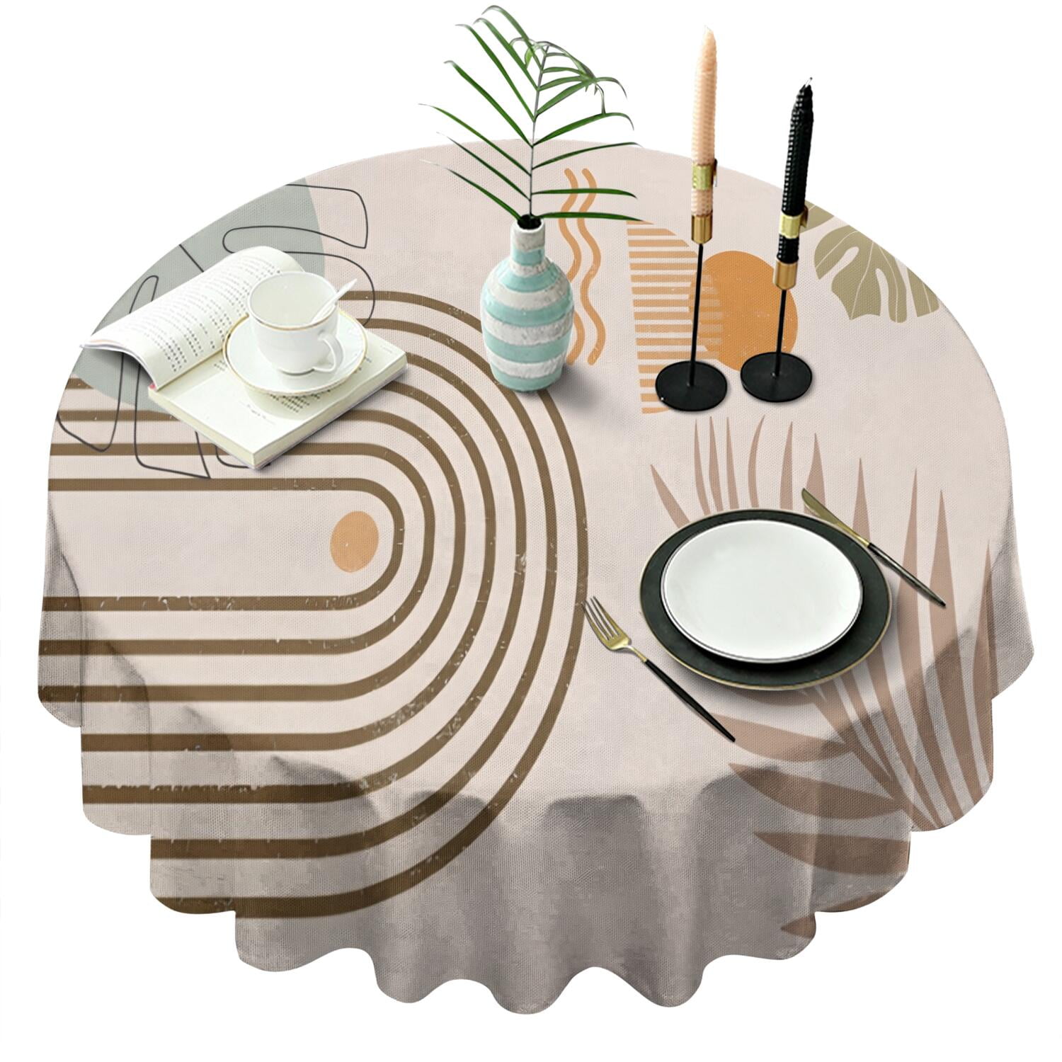 Brown Boho Geometric and Plant Pattern Round Tablecloth 60"x60",Wrinkle ...