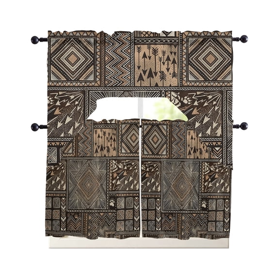 Brown Boho Kitchen Curtains Set for Windows 3 Piece Cafe Curtains 24 ...