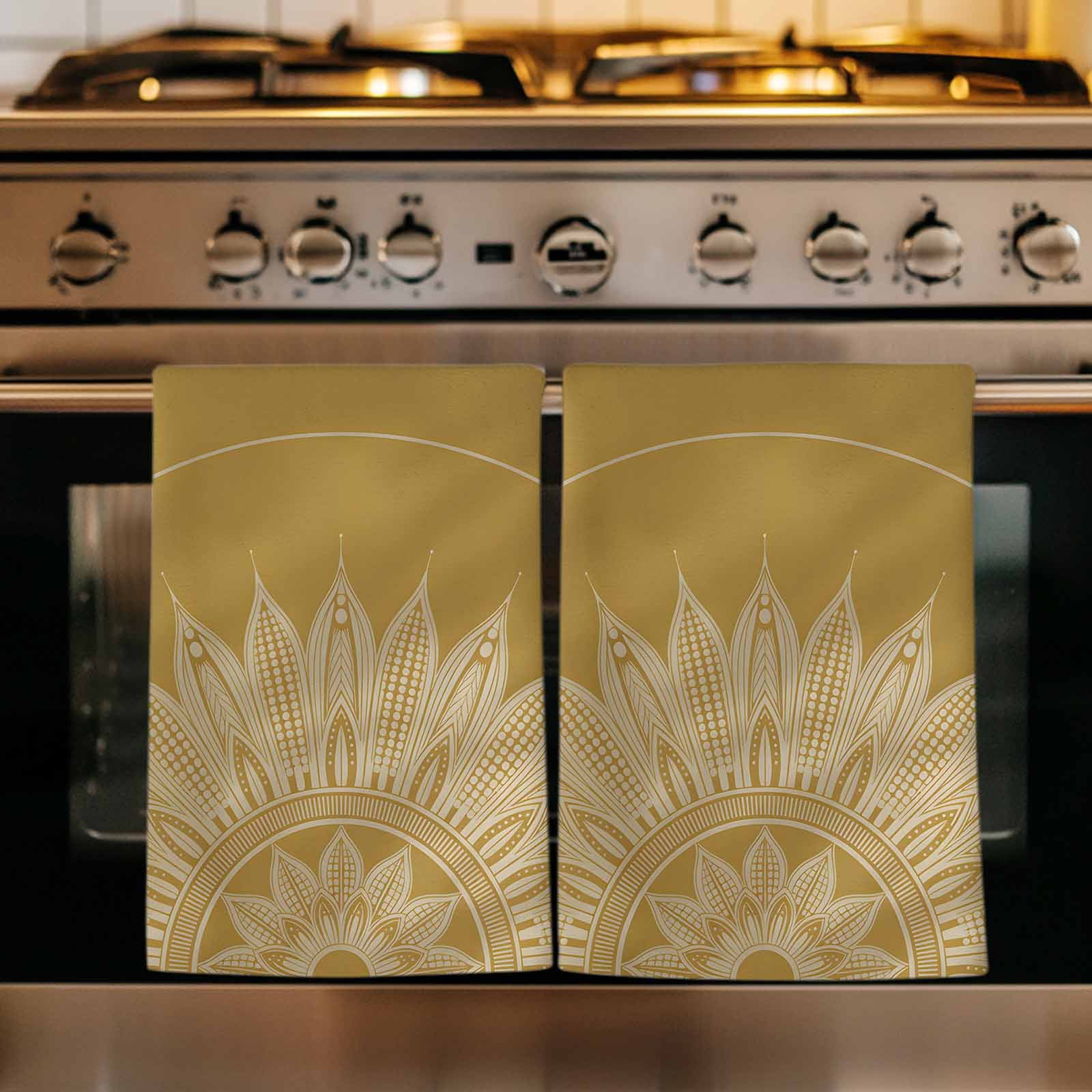 Brown Boho Kitchen Towels Set of 3, Middle Century Abstract Floral ...