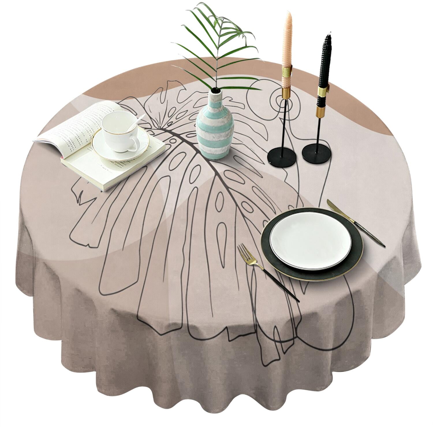 Brown Boho Line Art Plant Pattern Round Tablecloth 60"x60",Wrinkle ...