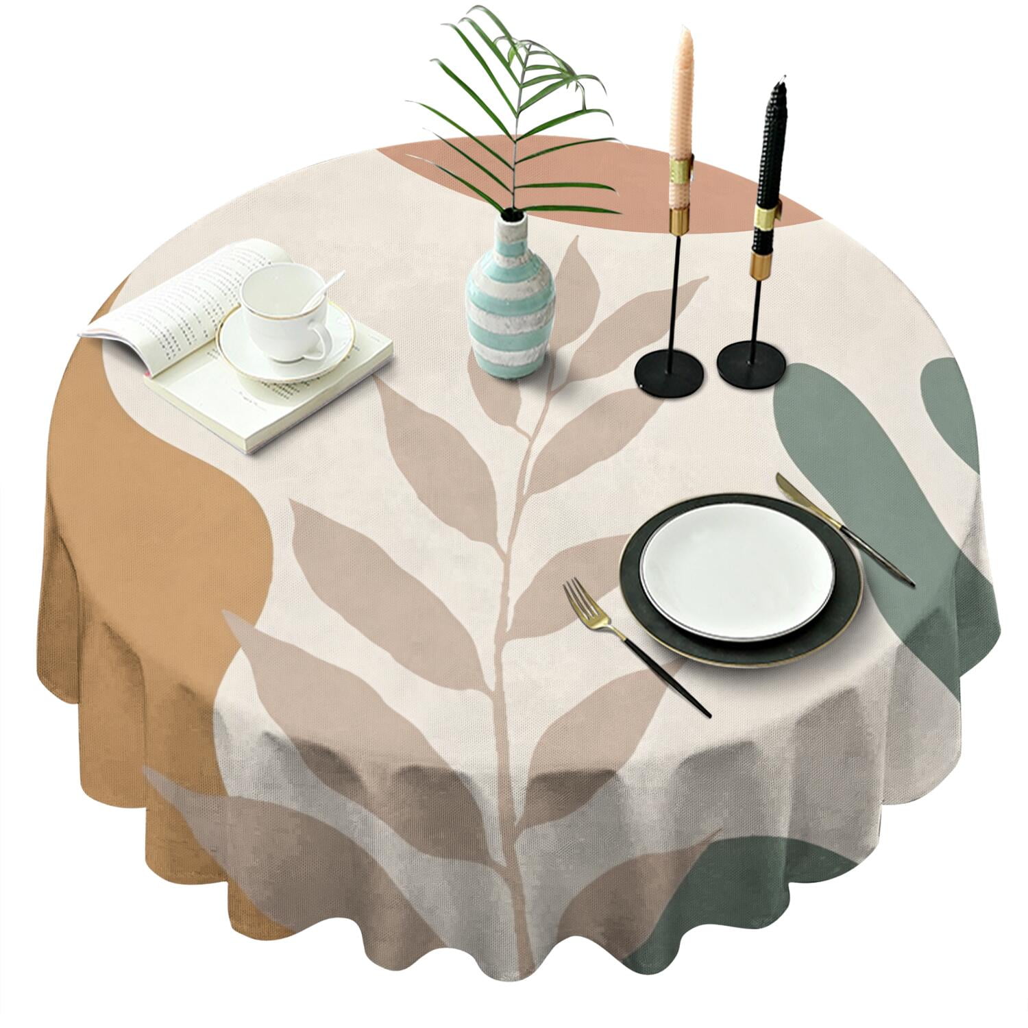 Brown Boho Plant Pattern Round Tablecloth 60"x60",Wrinkle Wipeable ...