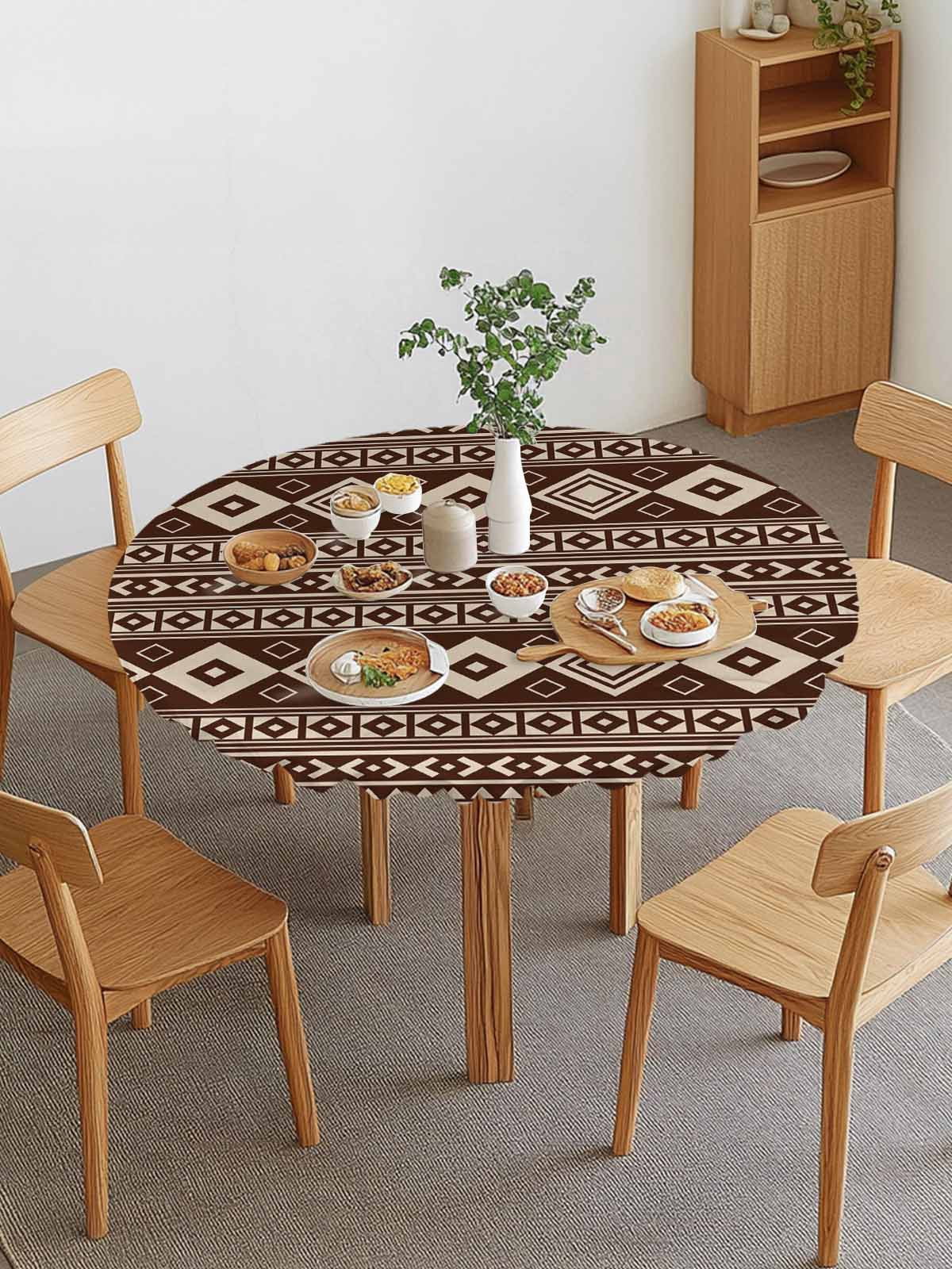Brown Boho Round Fitted Tablecloth with Elastic Edge, Moroccan ...