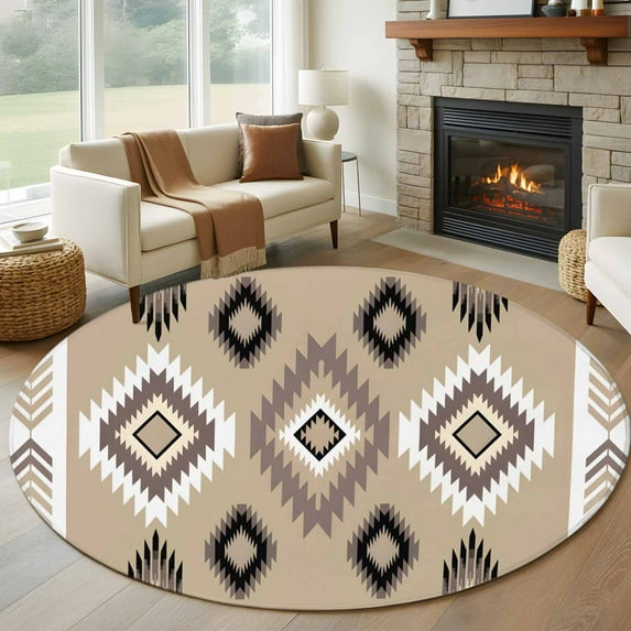 Brown Boho Round Rug 5ft Washable Circle Kitchen Rugs Non Slip Vintage ...