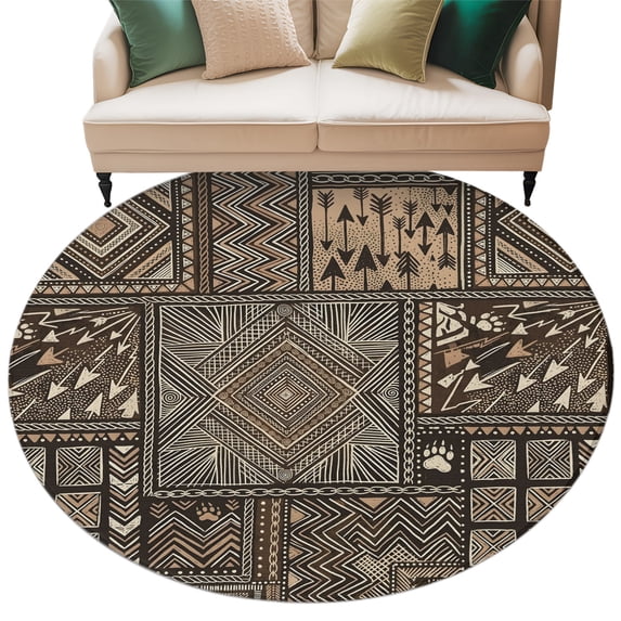 Brown Boho Round Rug 7ft Washable Circle Rugs Non Slip Geometric ...