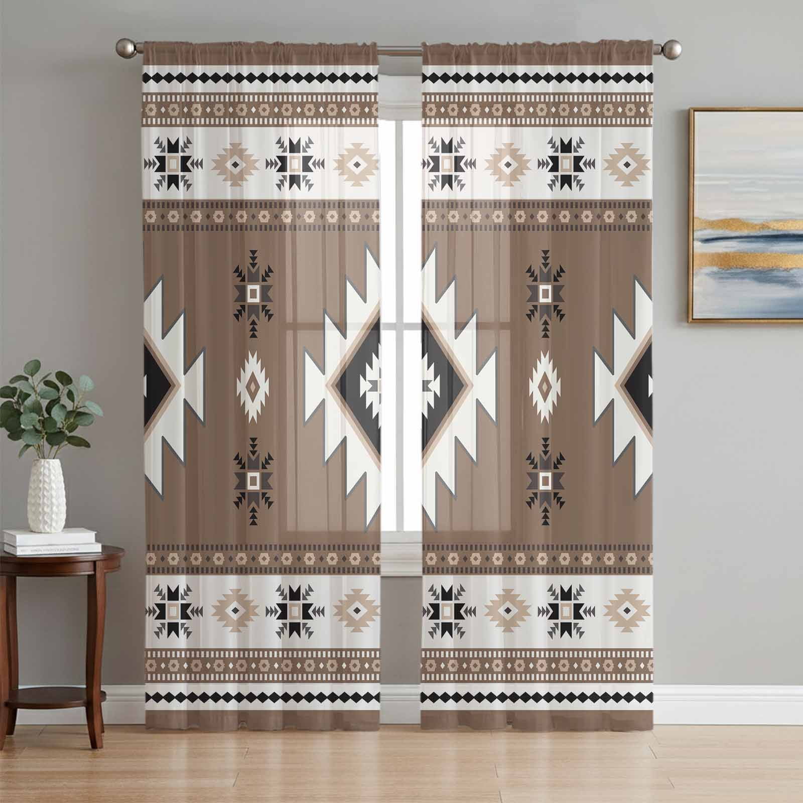 Brown Boho Sheer Curtains 63 Inch Length 2 Panels Set, Farmhouse Aztec ...