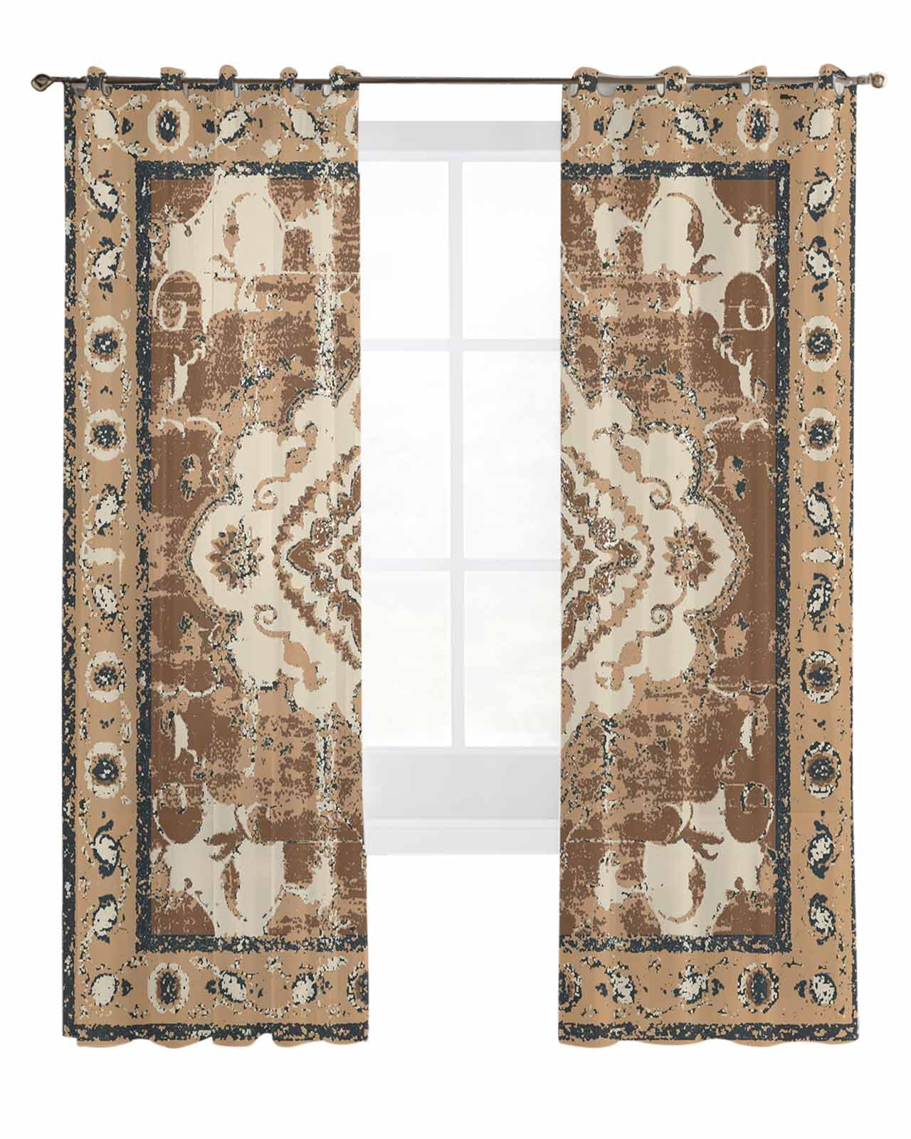 Brown Boho Sheer Curtains 90 Inch Length 2 Panels Retro Western Rustic ...