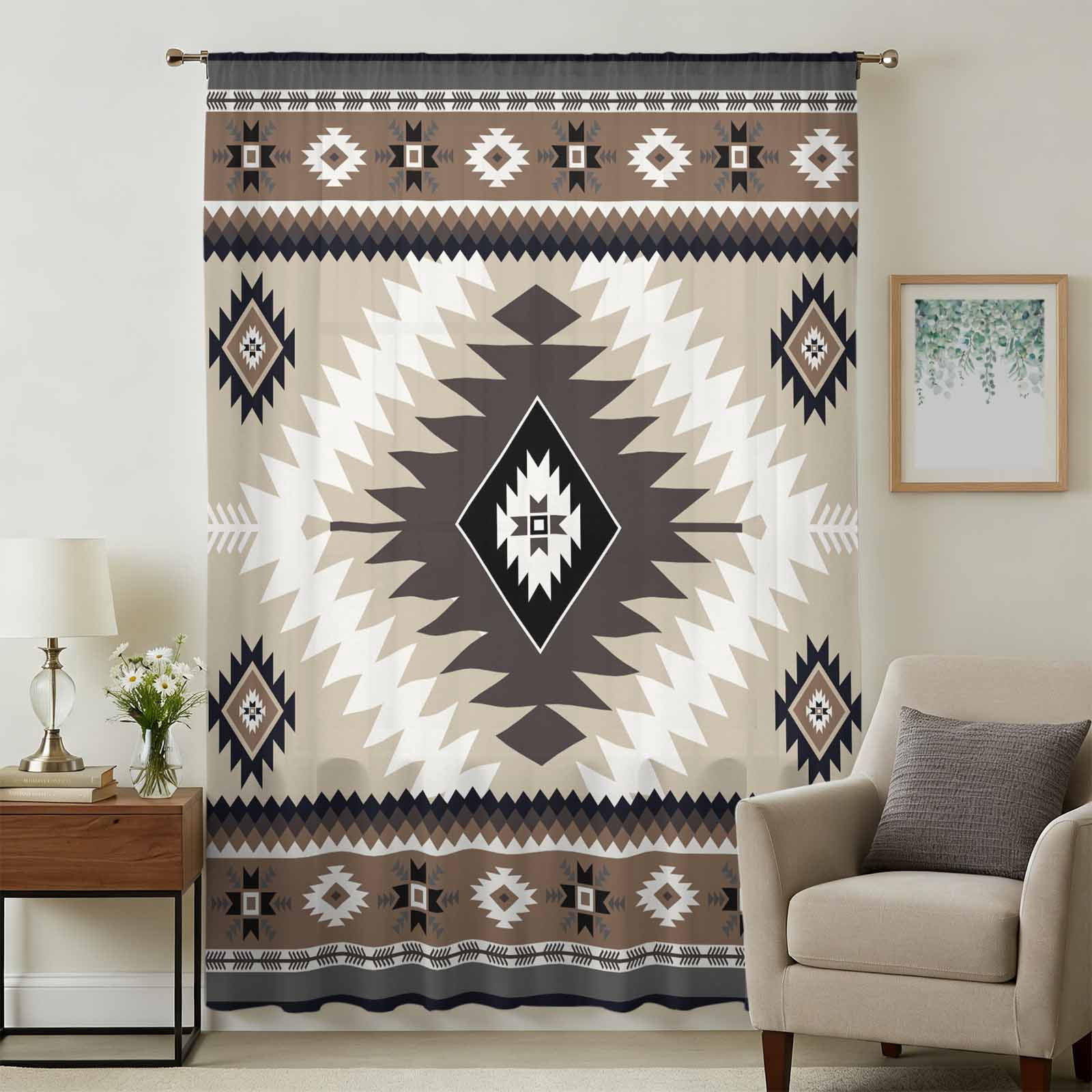 Brown Boho Sheer Curtains 96 Inches Long, Vintage Rustic Southwest ...