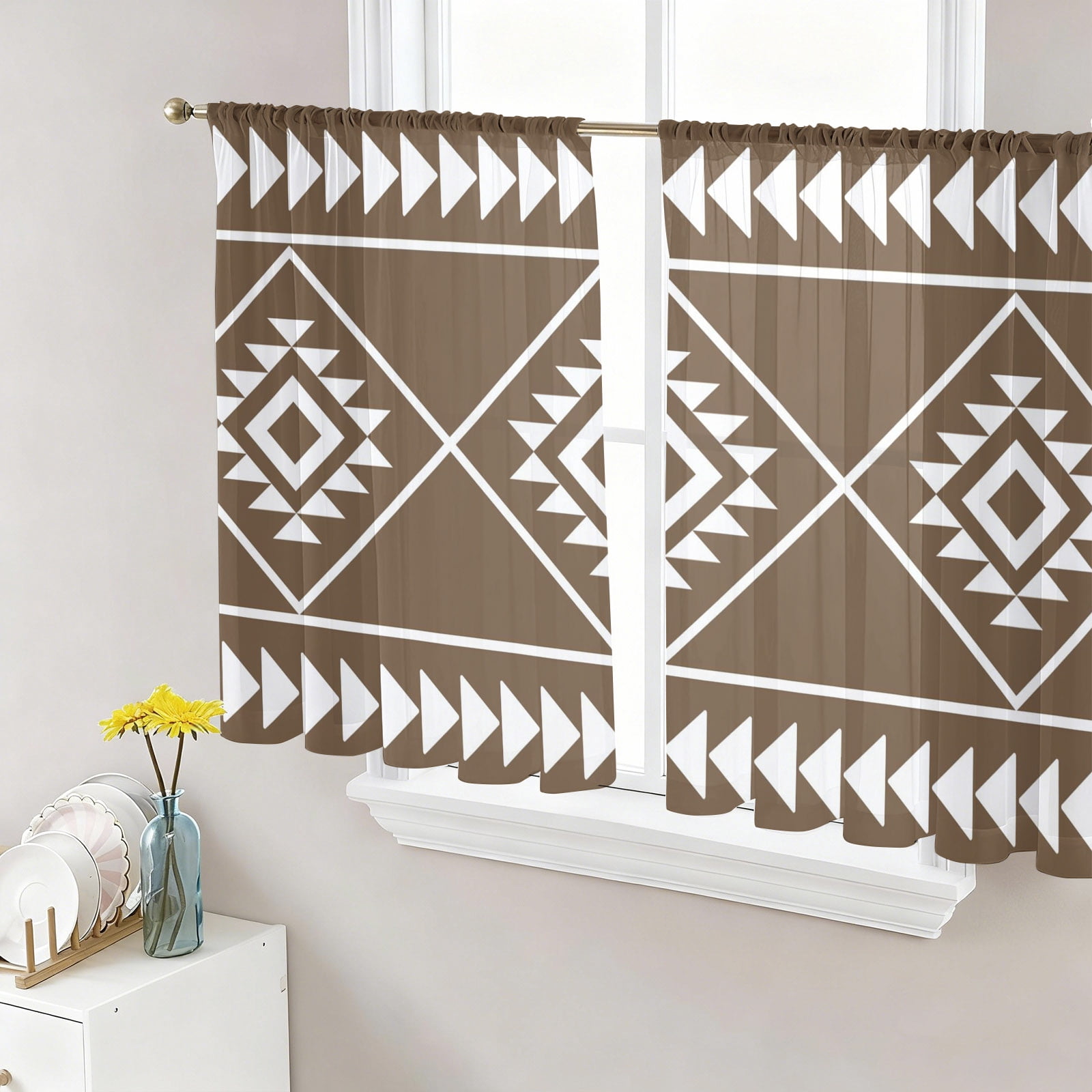 Brown Boho Sheer Curtains for Living Room Bedroom Brown Geometric ...