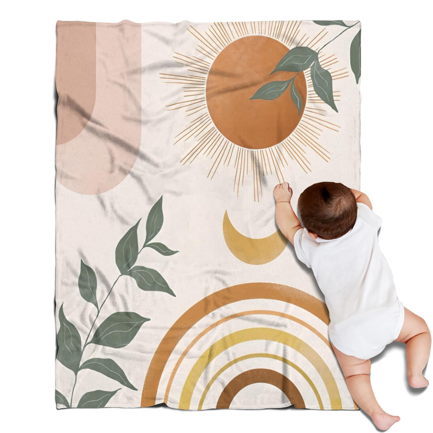 Brown Boho Sun, Moon and Plant Pattern Blanket,Comfortable Soft Flannel ...