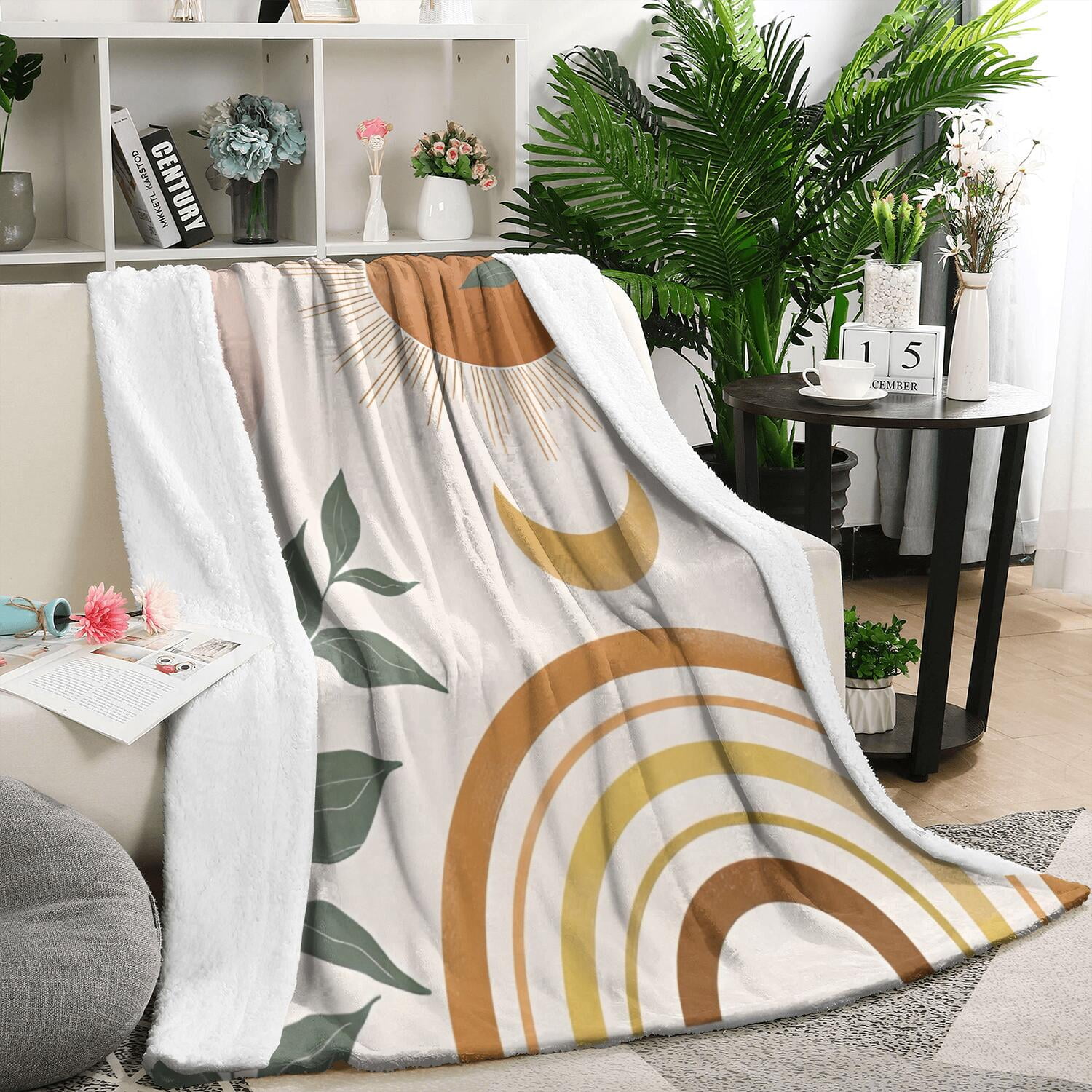 Brown Boho Sun, Moon and Plant Pattern Blanket,Comfortable Soft Lamb ...