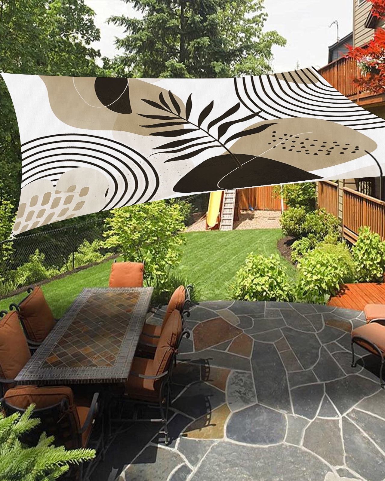 Brown Boho Sun Shade Sail 6.5'X10' Medieval Leaves Geometric Lines ...