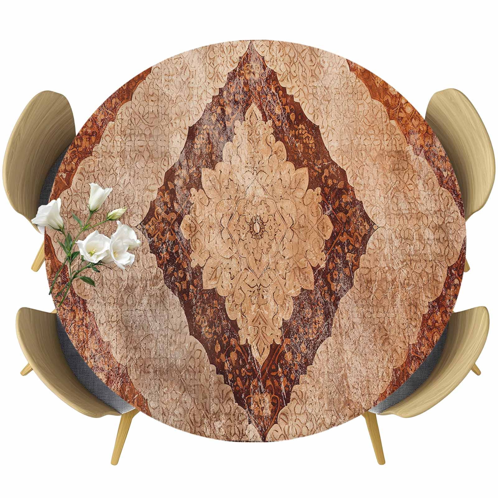 Brown Boho Table Cloth, Round Fitted Tablecloths with Elastic Edge ...