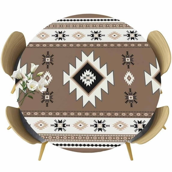Brown Boho Table Cloth, Round Fitted Tablecloths with Elastic Edge ...