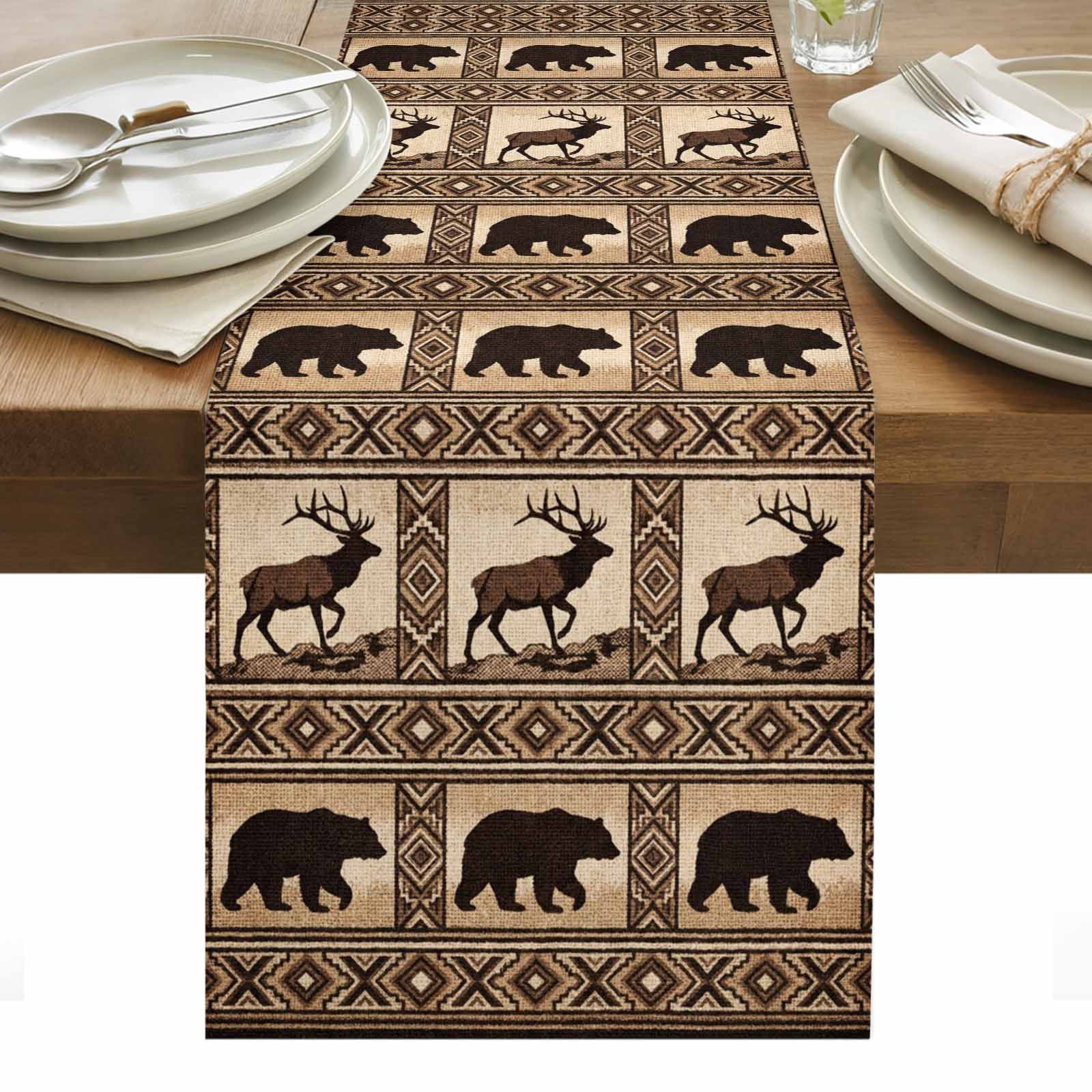 Brown Boho Table Runner Country Vintage Animals Deer Bear Geometric ...