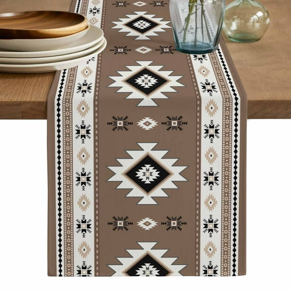 Brown Boho Table Runner, Farmhouse Aztec Southwest Ethnic Geometric ...