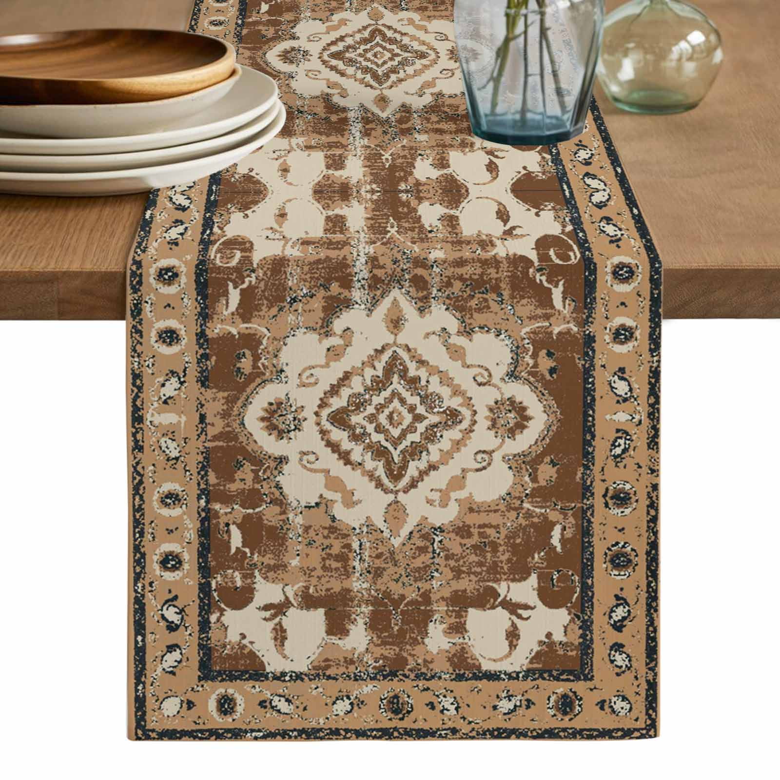Brown Boho Table Runner, Retro Western Rustic Ethnic Tribal Patterns ...