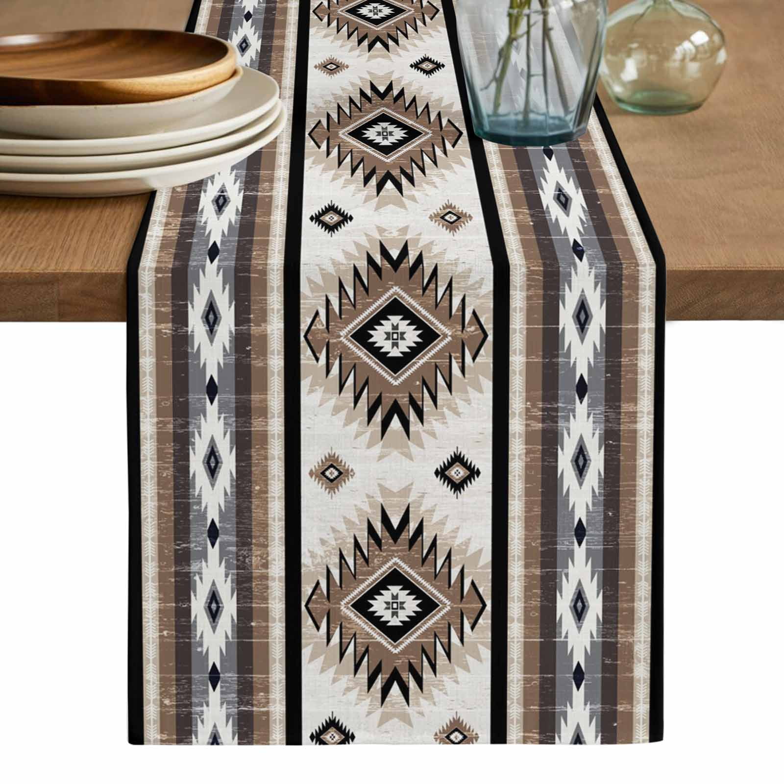 Brown Boho Table Runner, Southwestern Ethnic Aztec Retro Geometric ...