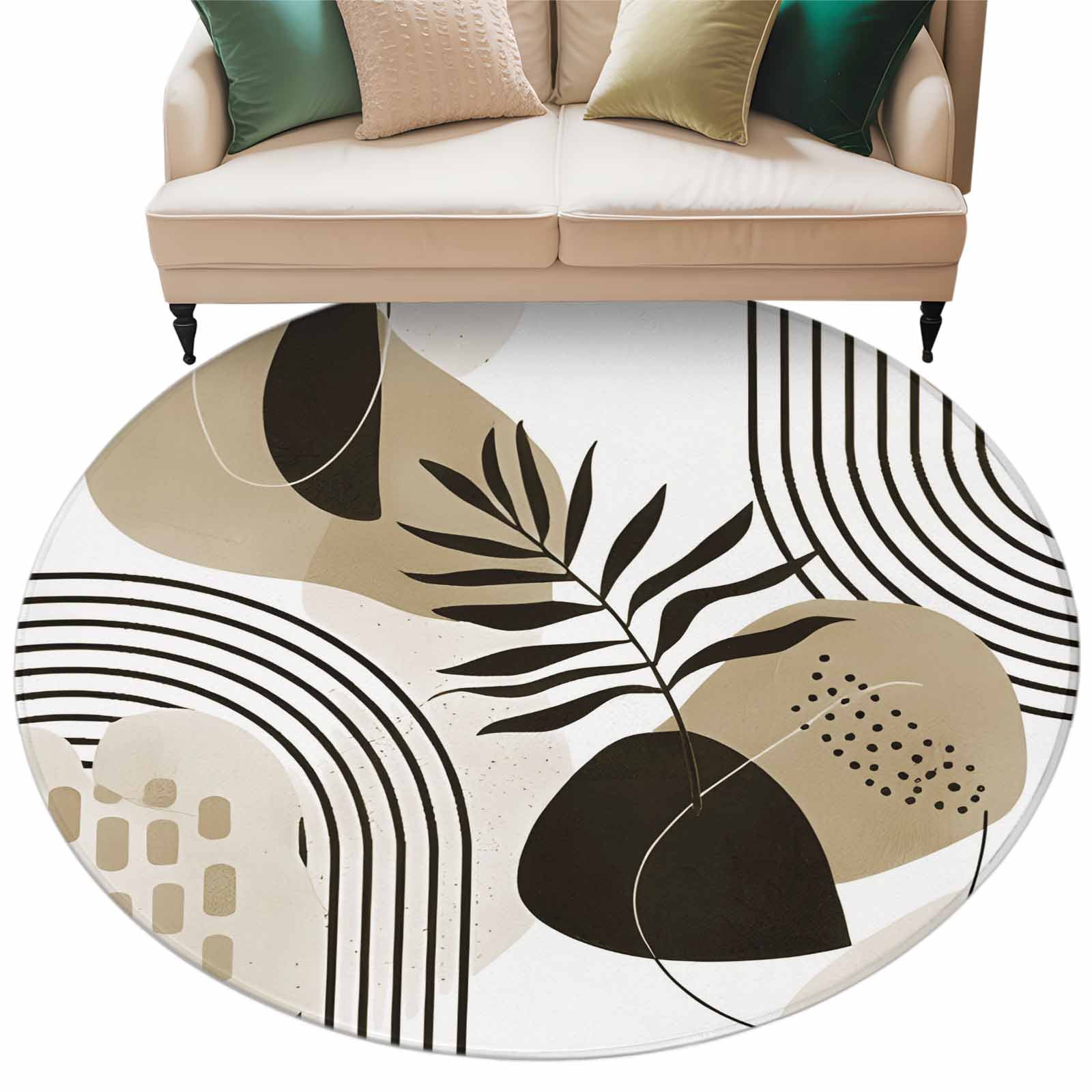 Brown Boho Washable Round Area Rug 5 ft, Medieval Leaves Geometric ...