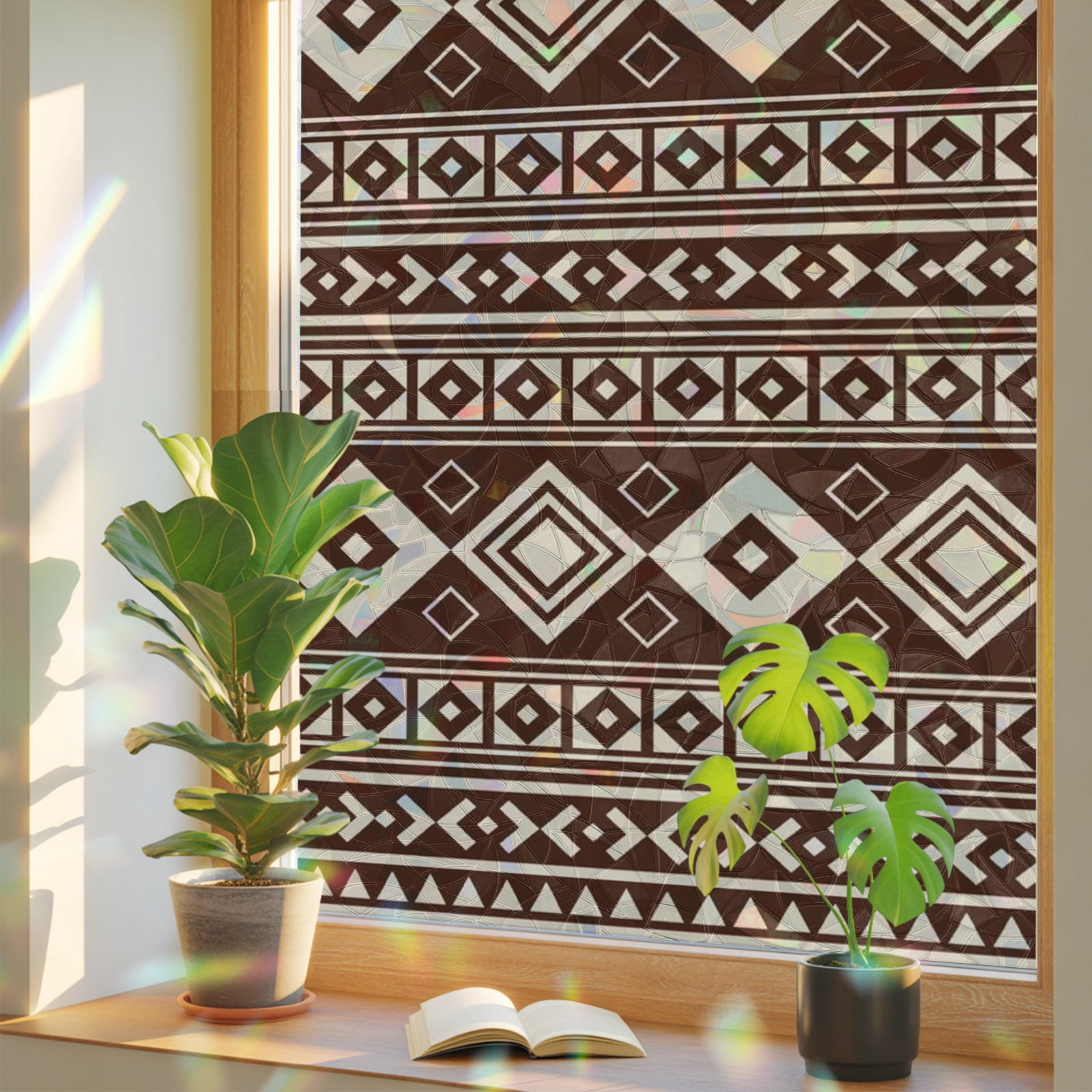 Brown Boho Window Privacy Film, Moroccan Geometric Striped Folk Modern ...
