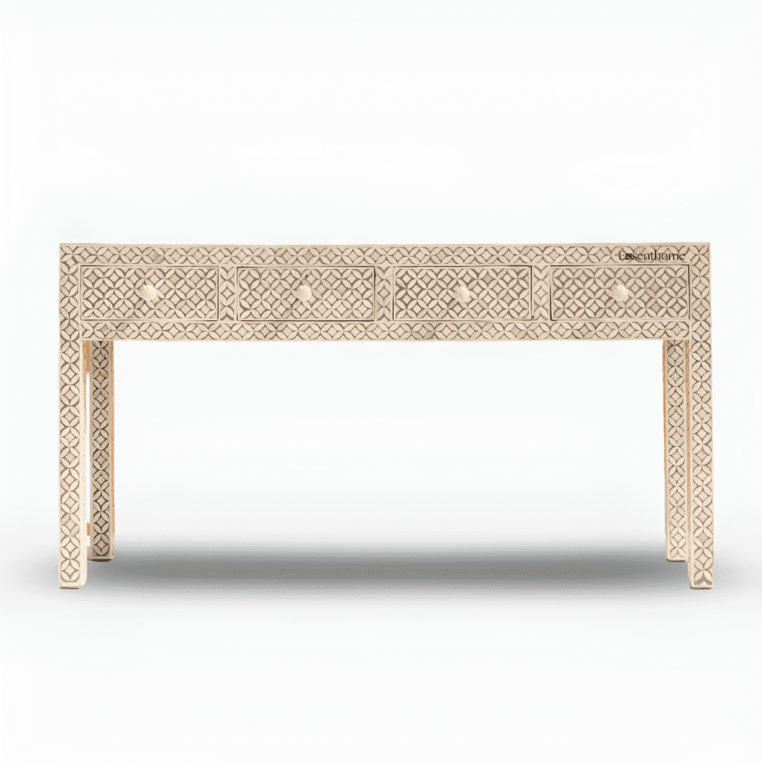 Brown Bone Inlay Console Table – 54-Inch Handmade Eye Pattern Cabinet with 4 Drawers, Solid ...