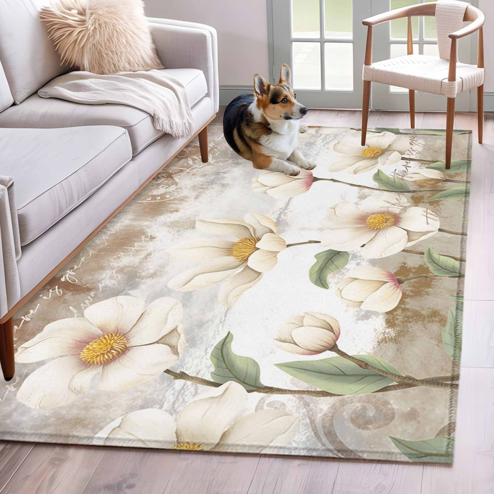 Brown Botanical Area Rug 3x5 Washable Rug Non Slip Spring Floral Retro ...
