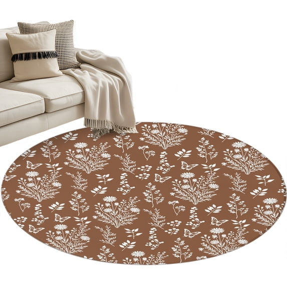 Brown Botanical Round Rug 3ft Washable Circle Entryway Rugs Non Slip ...