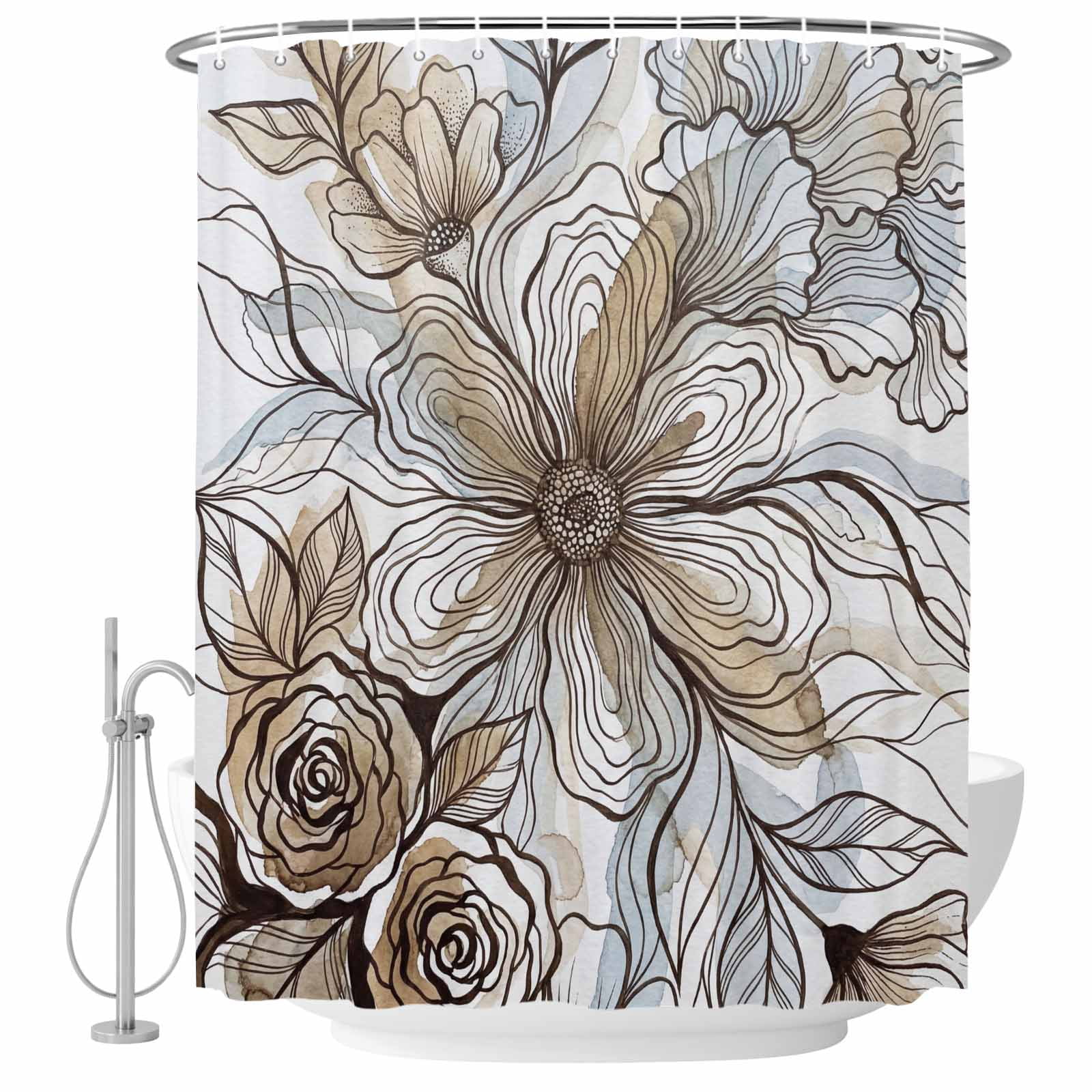 Brown Botanical Shower Curtain Set - Small 36" x 72" Washable Bathtub ...