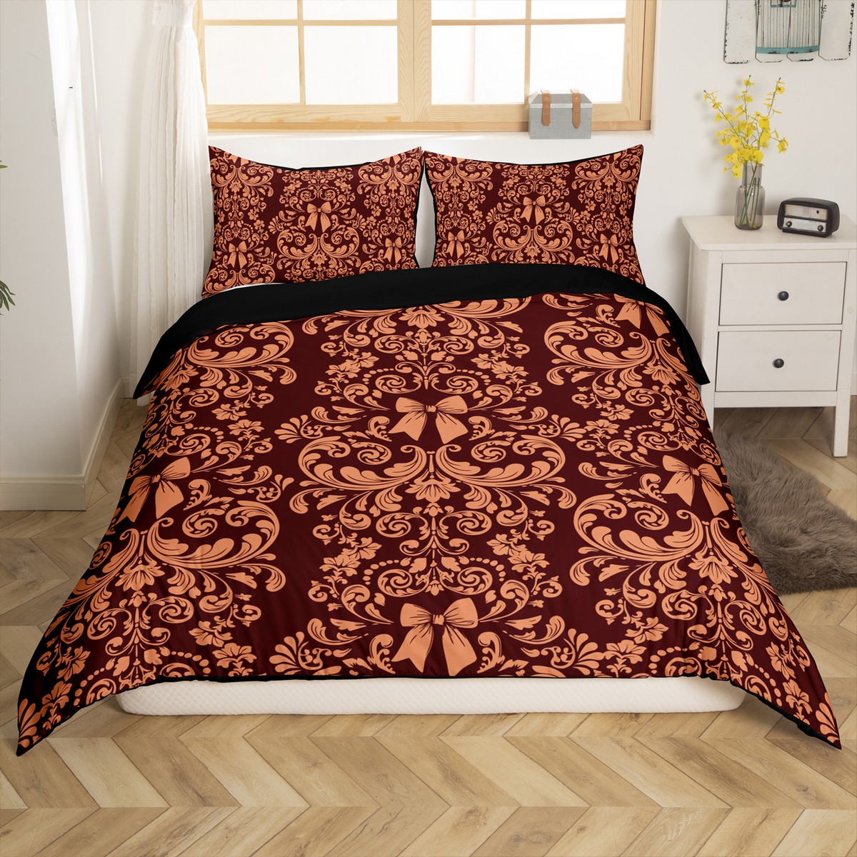 Brown Bow Knot Duvet Cover Set Antique Victorian Damask King Bedding ...