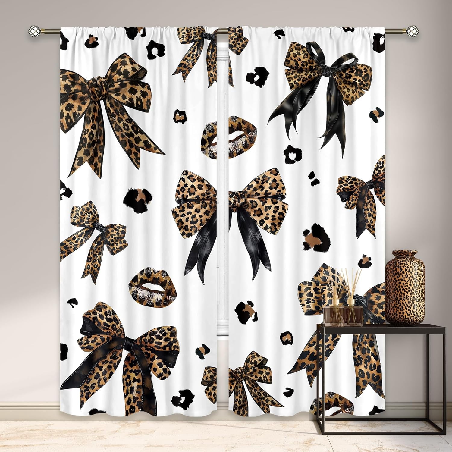 Brown Bow Leopard Print Curtains 52Wx84H Inch Rod Pocket Cute Girly ...