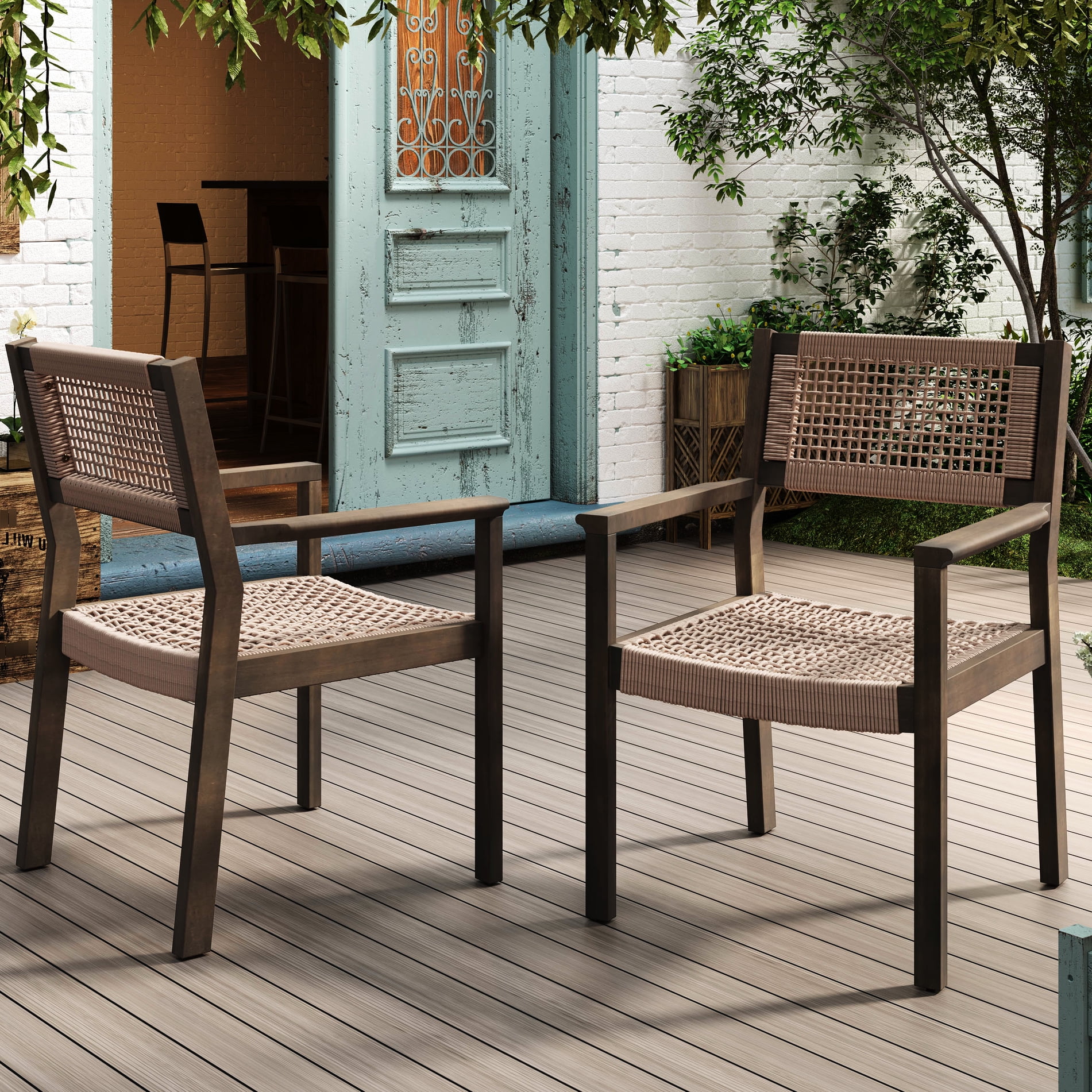 Brown Braided Dining Chairs (2 Chairs) - Wood + Rope, Ergonomic Shape ...