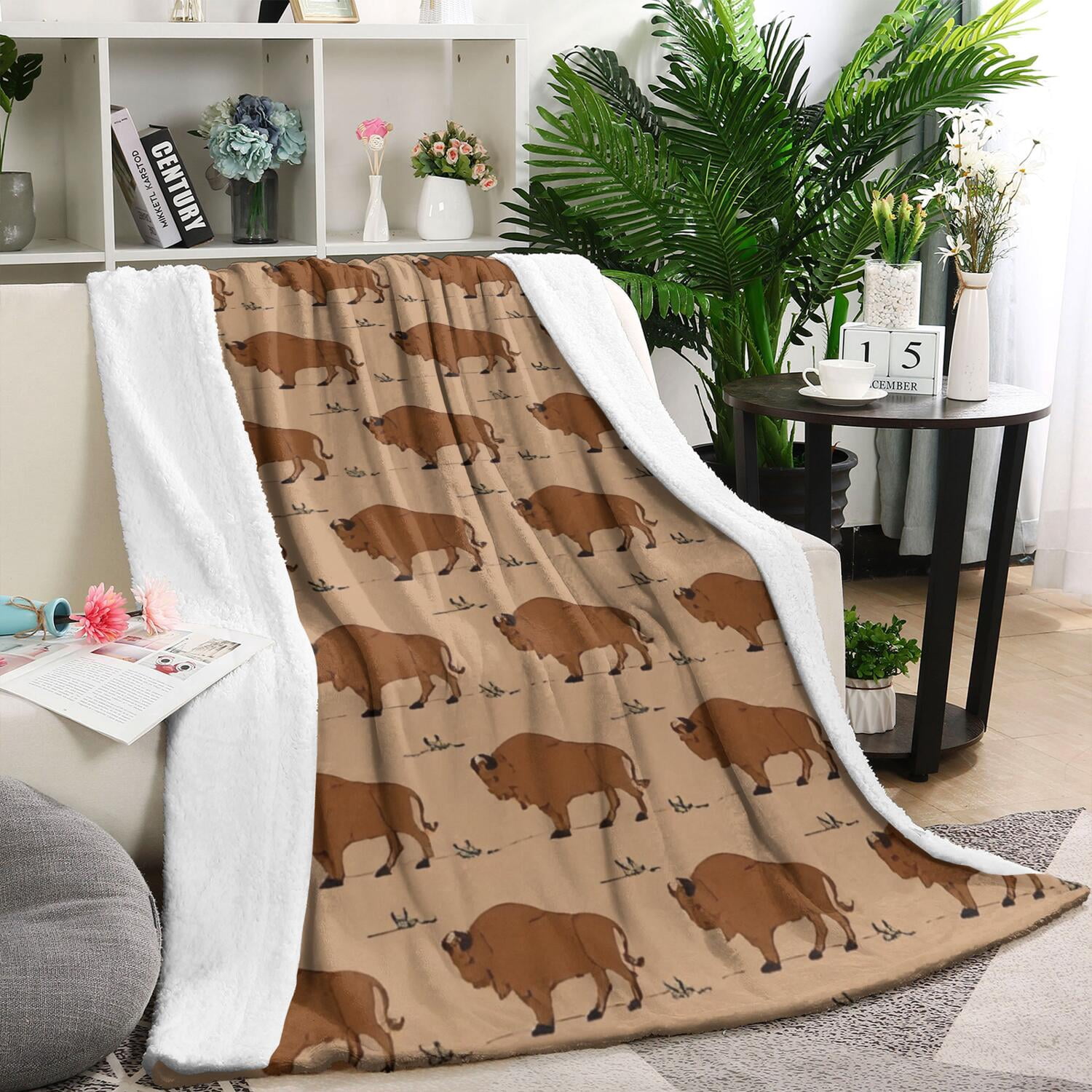 Brown Buffalo Pattern Blanket,Comfortable Soft Lamb Wool Throw Blanket ...