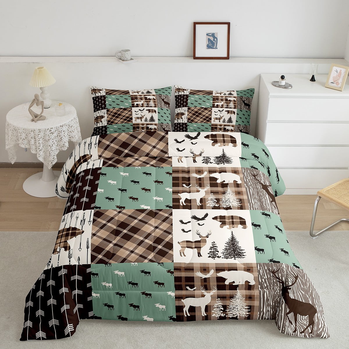 Brown Buffalo Plaid Bedding Set for Boys Girls,Woodland Bear Moose ...