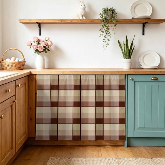 Brown Buffalo Plaid Cabinet Curtains 28" W x 35" L Geometric Check ...