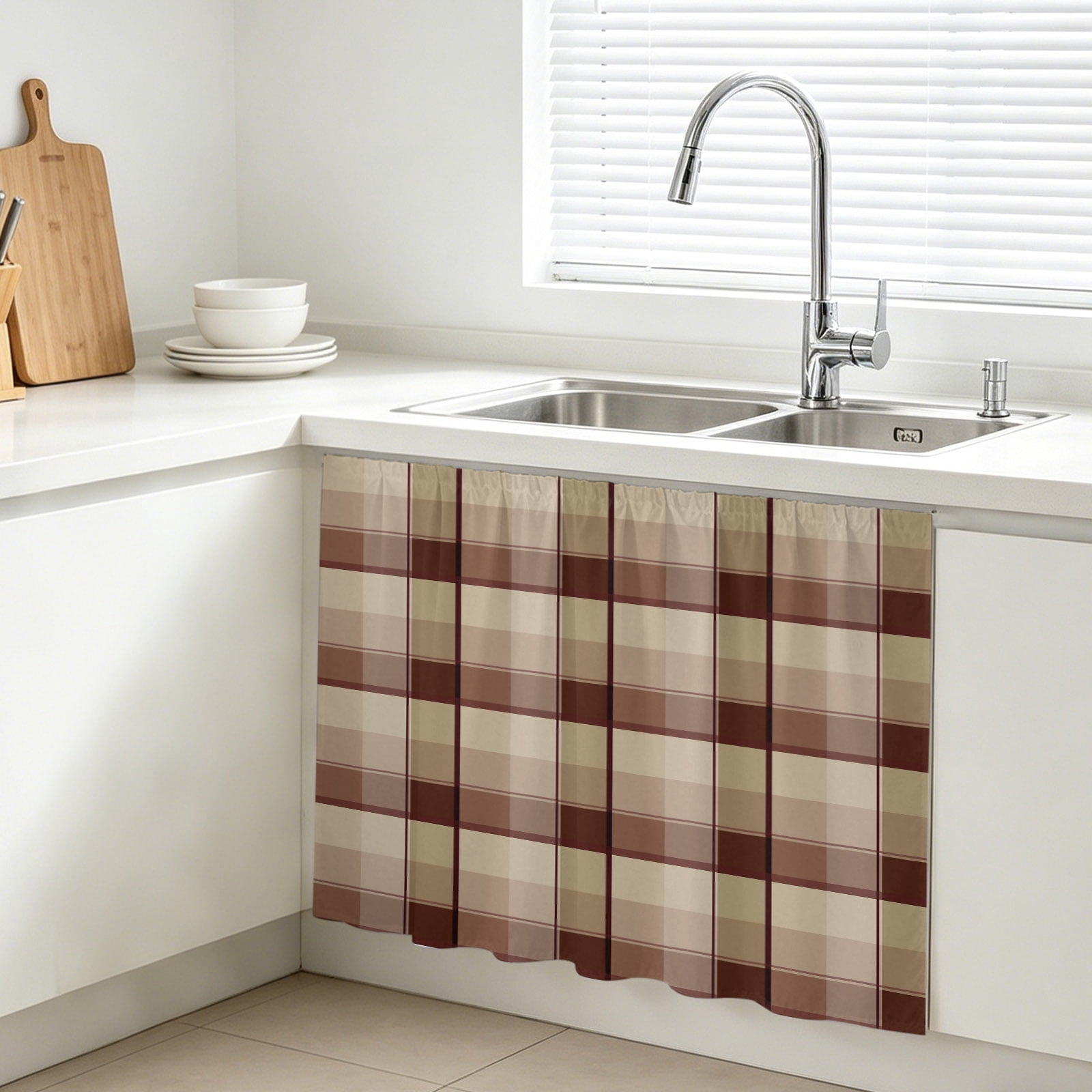 Brown Buffalo Plaid Cabinet Curtains for Kitchen 28"W x 35"L, Geometric ...